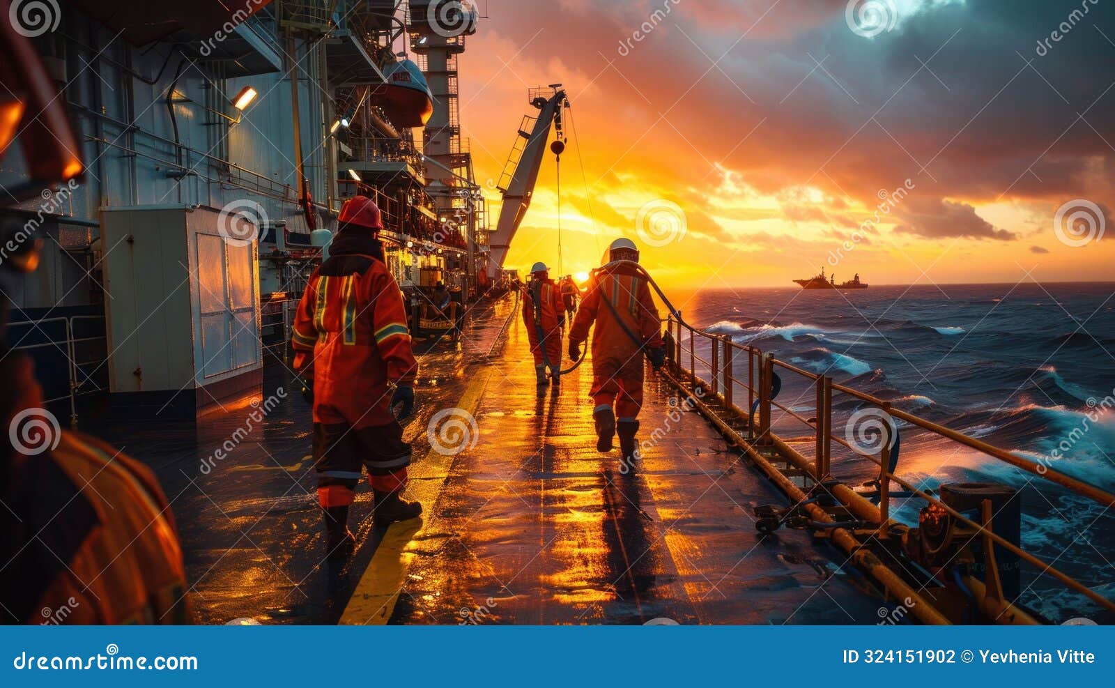 Offshore Workers on Oil Rig at Sunset. Generative Ai Stock Illustration ...