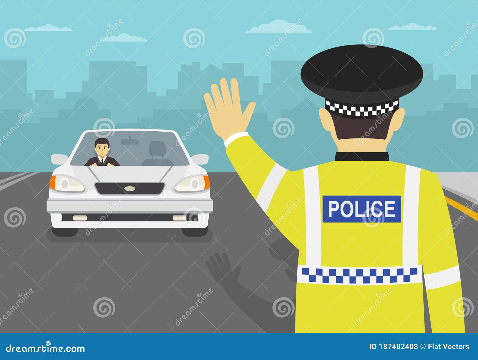 Oficial De Tráfico Detiene El Auto Y Bloquea La Carretera Parado Frente Al Coche Ilustración