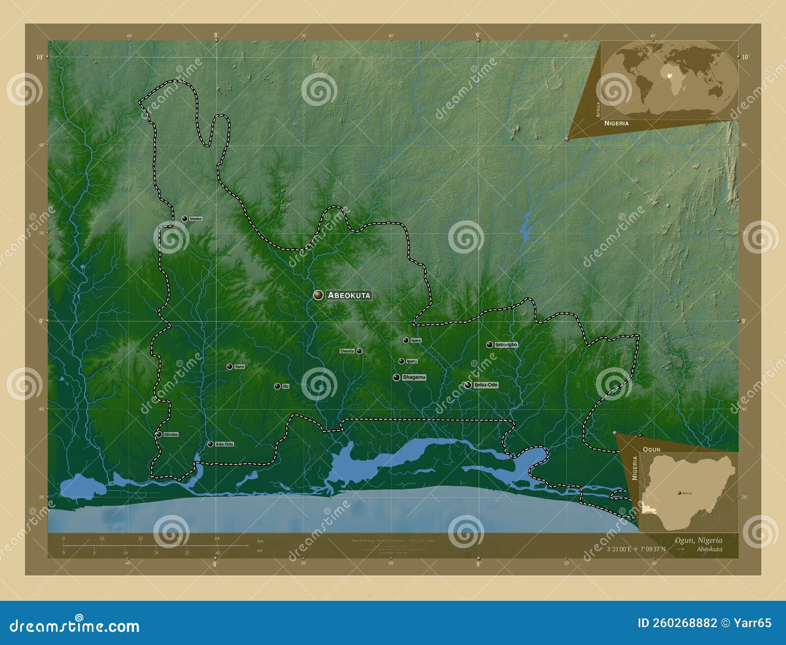 Ogun, Nigeria. Physical. Labelled Points of Cities Stock Photo - Image of administrative, mafara ...