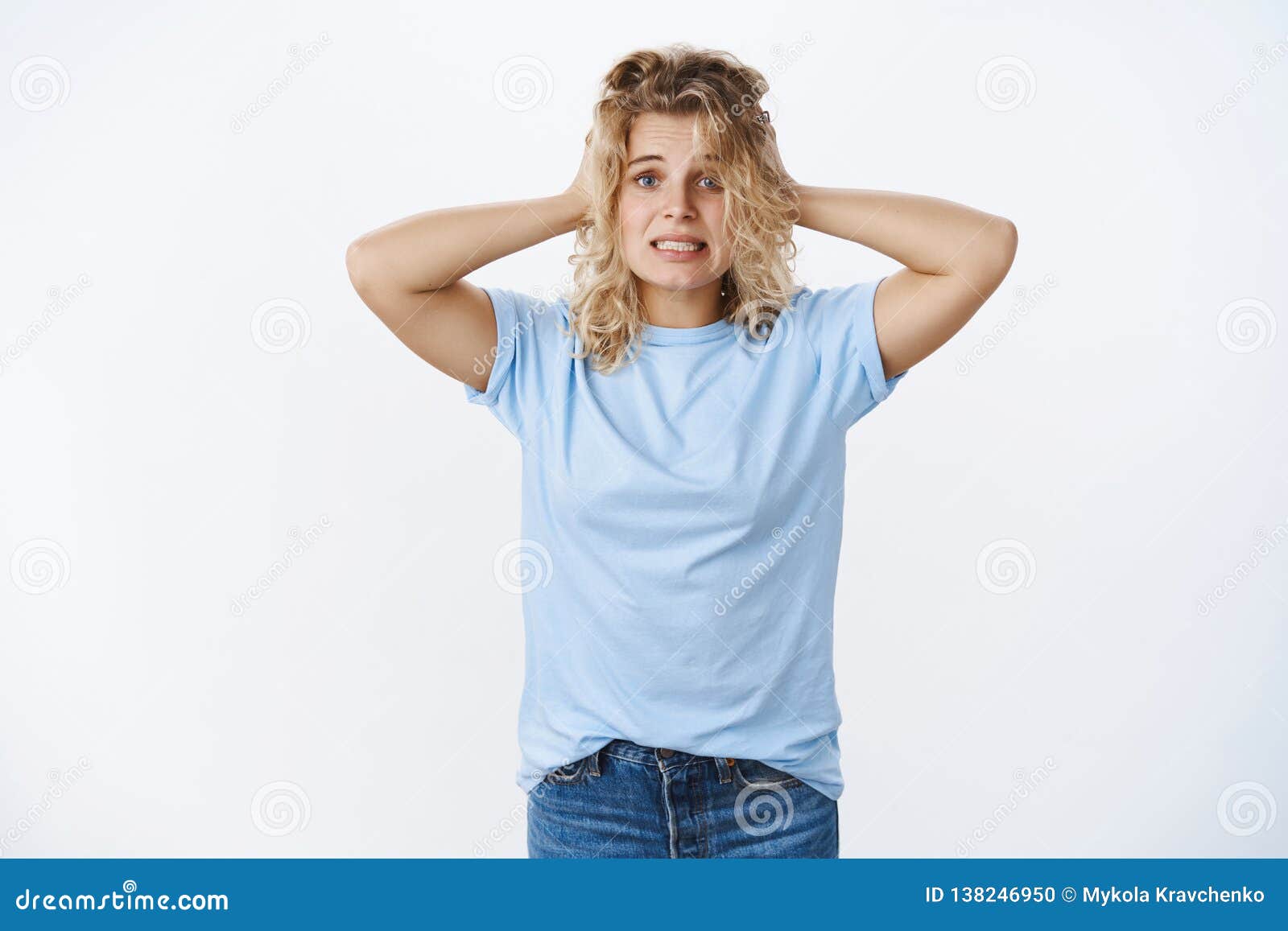 Oh God I Am In Trouble Portrait Of Worried Panicking Cute Silly Blonde