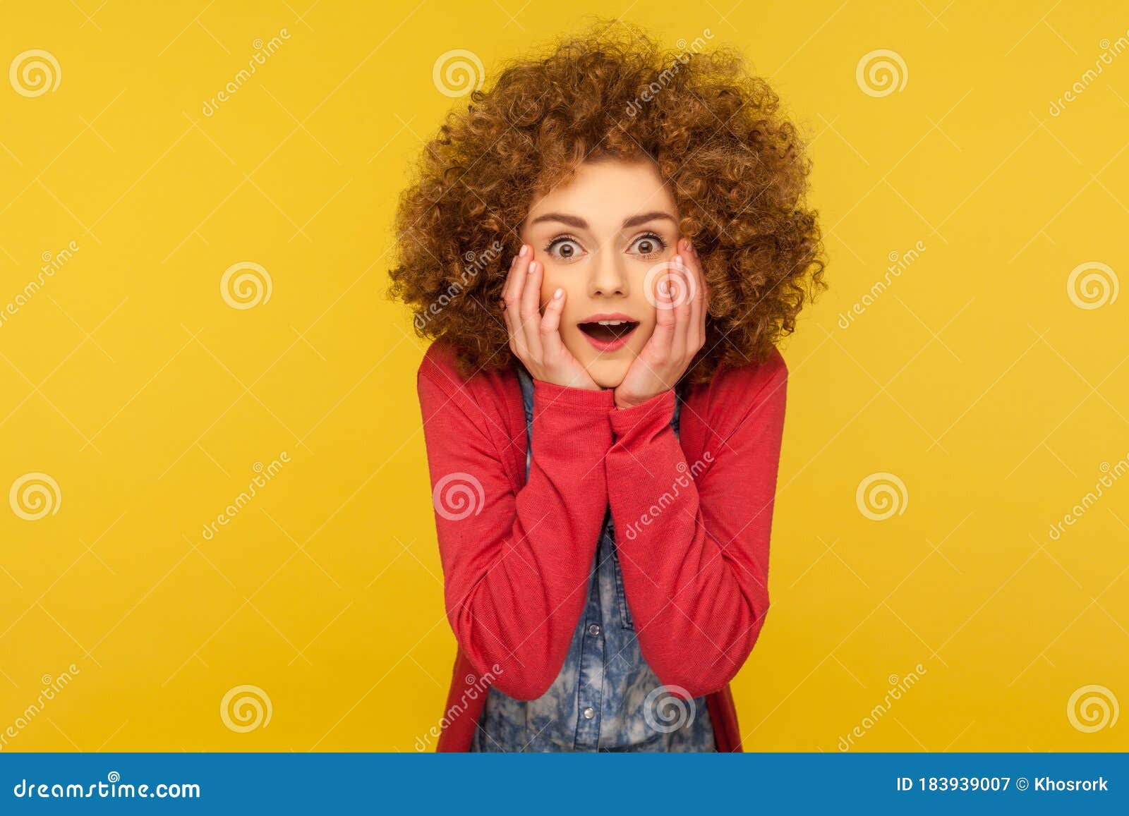 Oh My God Wow Portrait Of Excited Amazed Woman With Fluffy Curly Hair