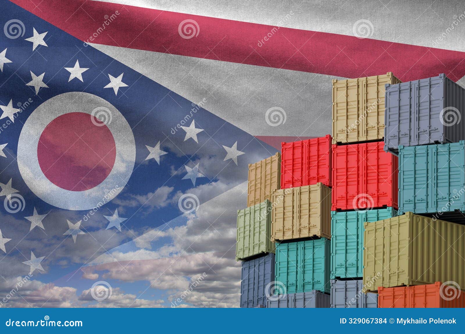 Ohio US State Flag and Big Stack of Shipping Cargo Containers in Docks ...
