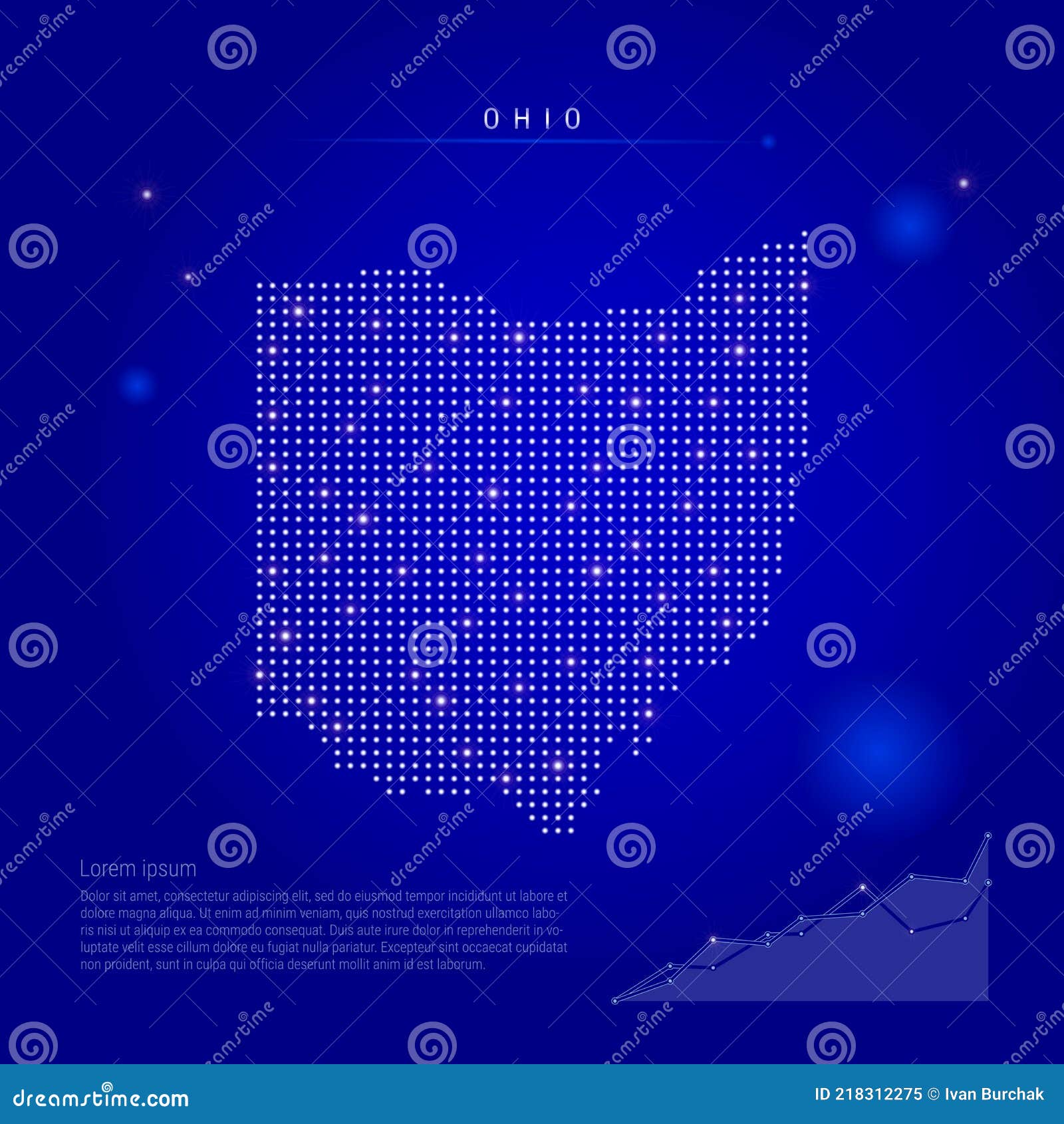 Ohio US State Illuminated Map with Glowing Dots. Dark Blue Space ...