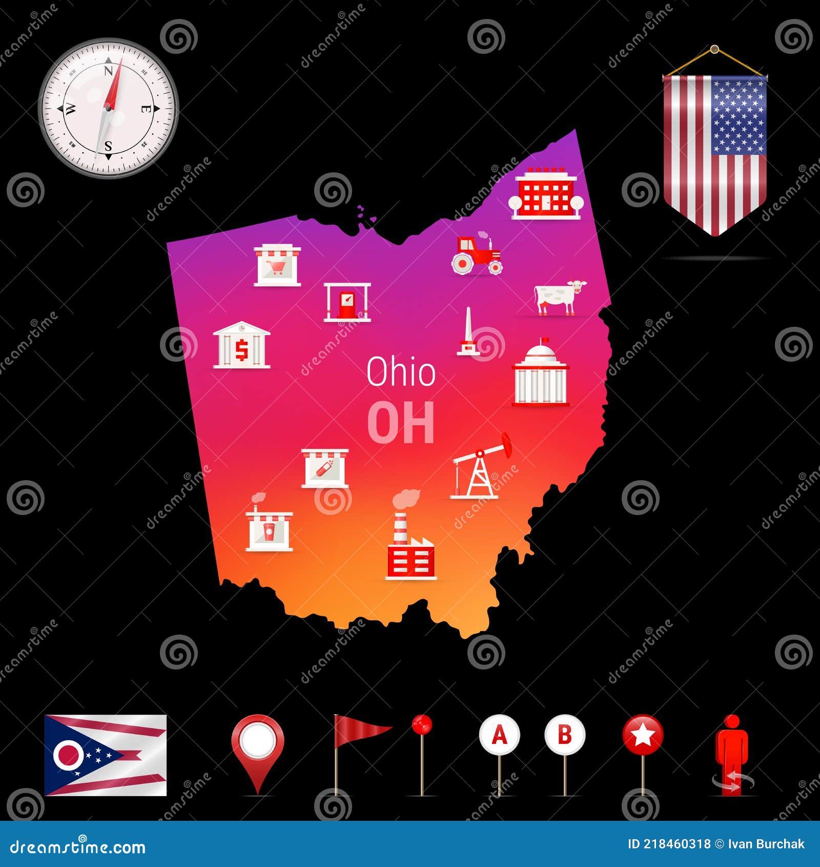 Ohio Vector Map, Night View. Compass Icon, Map Navigation Elements ...