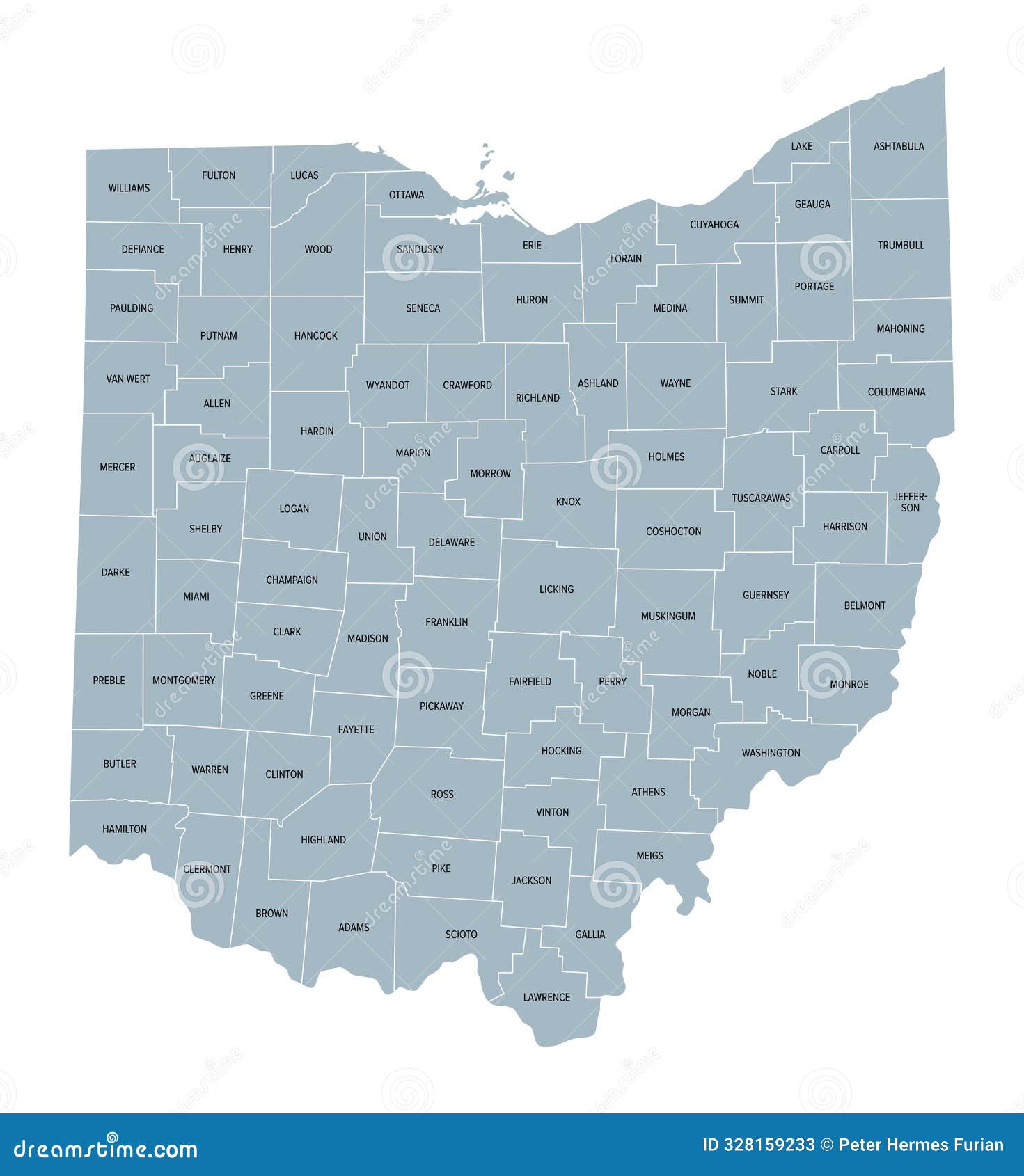Ohio, U.S. State Subdivided into 88 Counties, Gray Political Map Stock ...