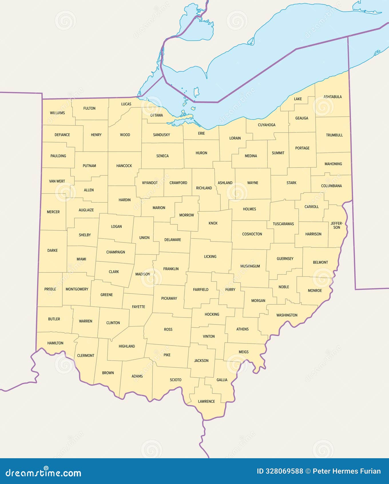 Ohio, U.S. State Subdivided into 88 Counties, Political Map Stock ...