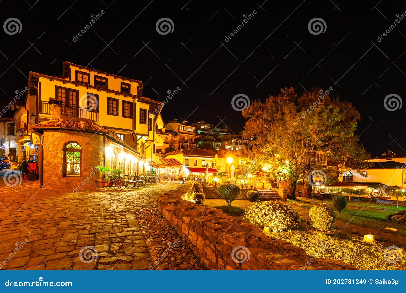 Ohrid Old Town at Night, Macedonia Stock Image - Image of skyline ...