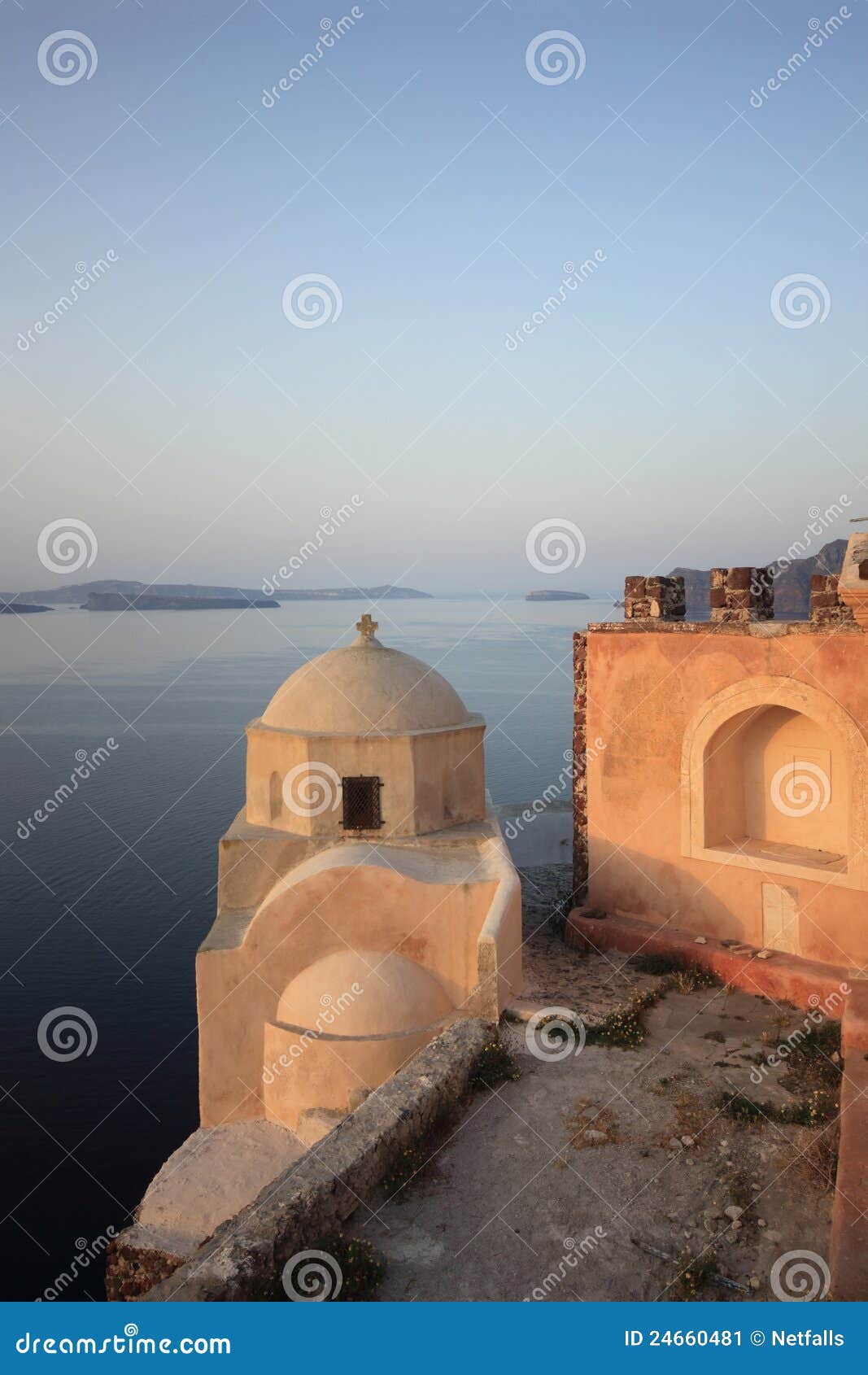 Oia castle at sunrise stock image. Image of flag, mediterranean - 24660481