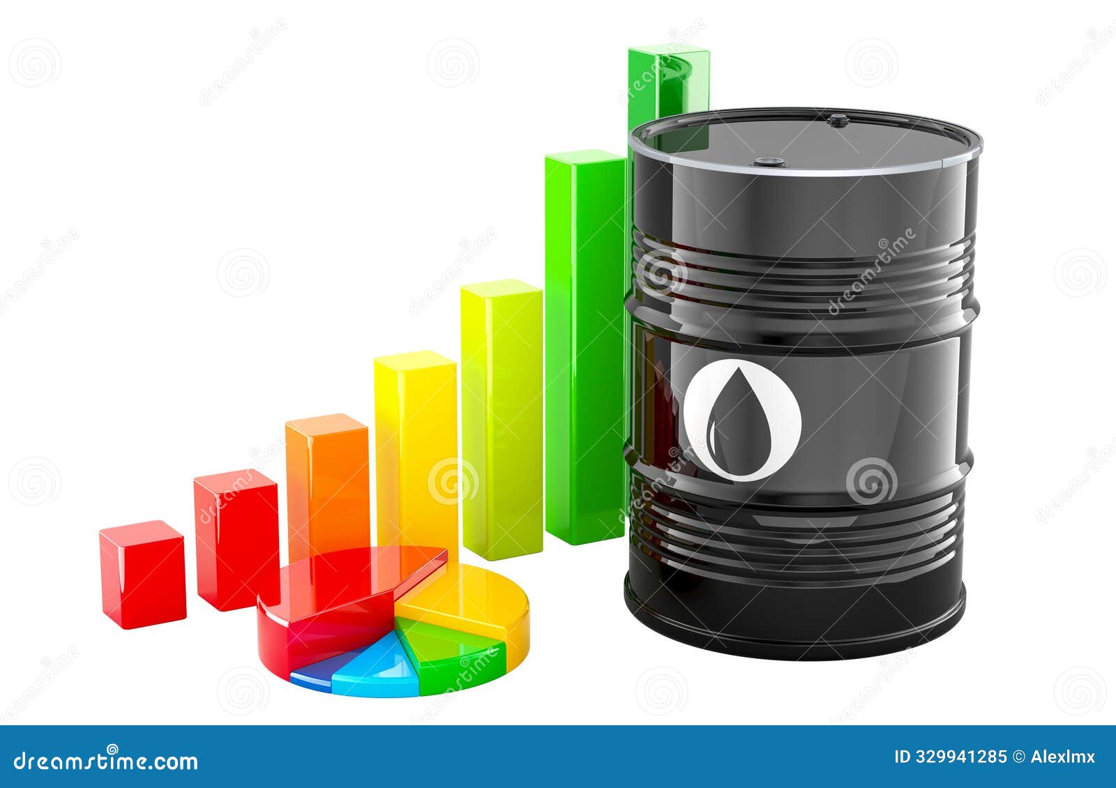 Oil Barrel with Growth Bar Graph and Pie Chart, 3D Rendering Stock ...