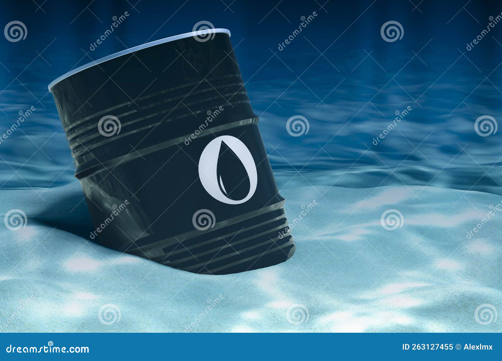 Oil Barrel on Ocean Bottom Underwater, 3D Rendering Stock Illustration ...