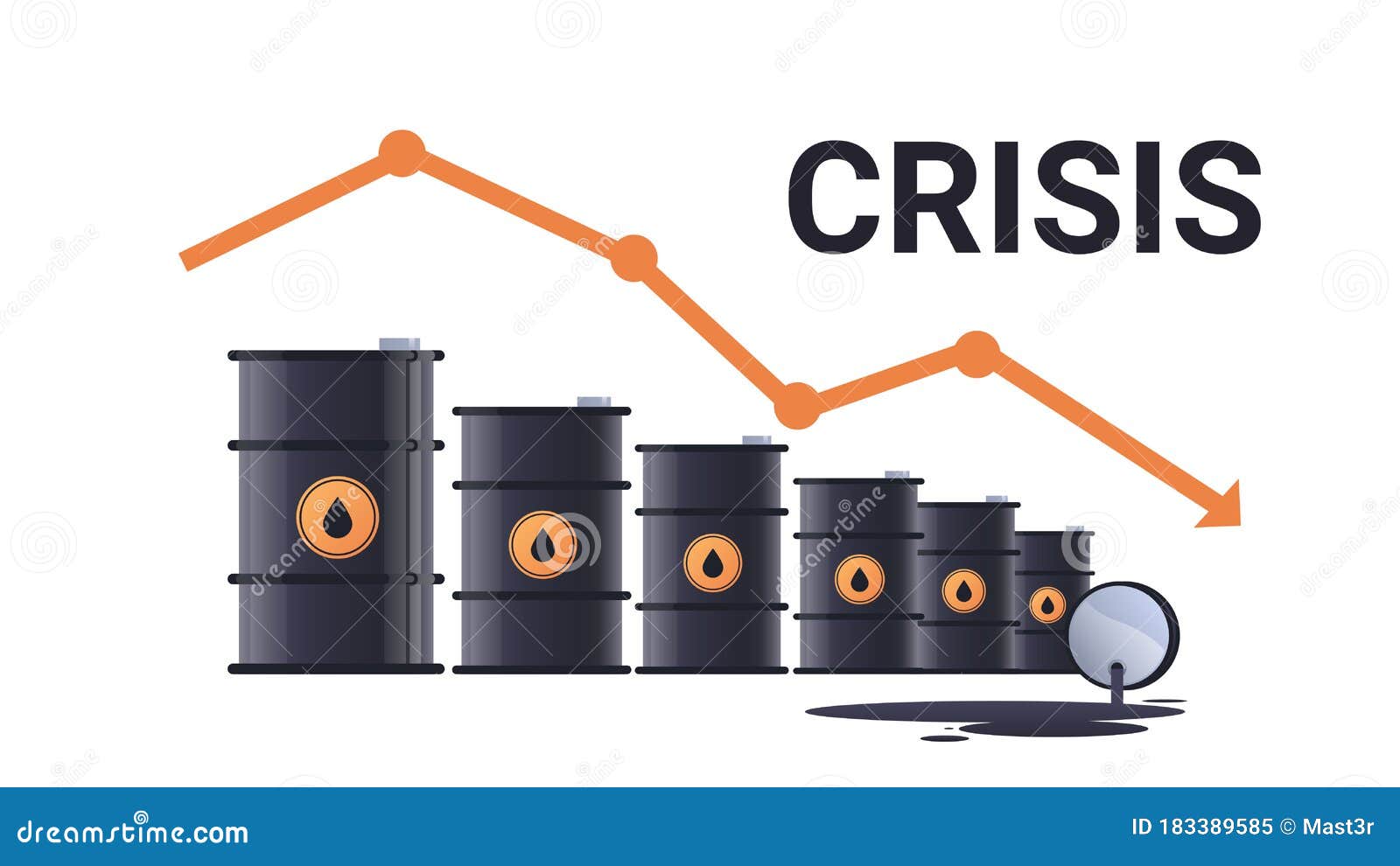 Oil Barrels and Downward Chart Arrow Falling Price Decrease of Petroleum Costs Crisis Concept ...