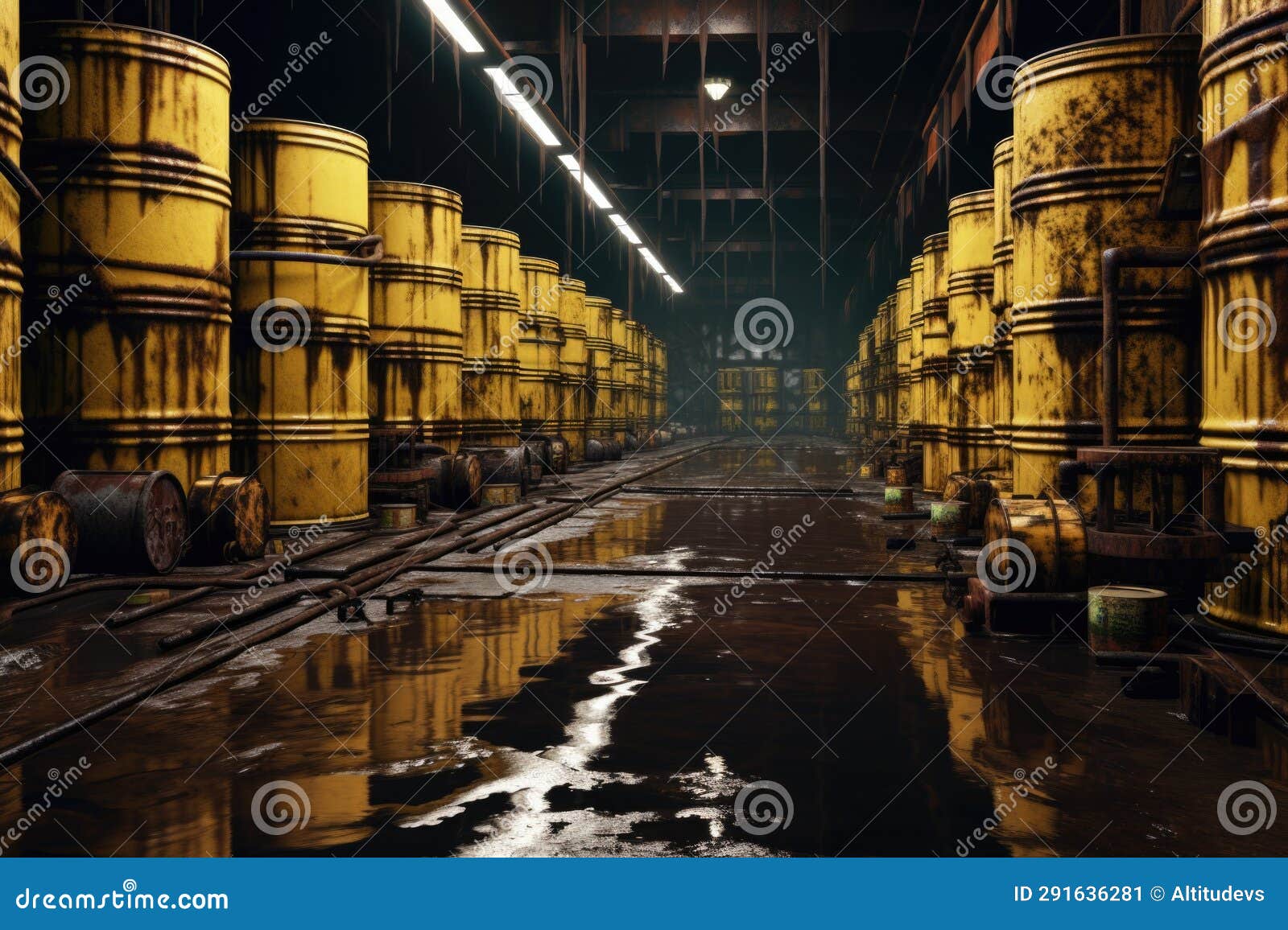 Oil Barrels Lined Up in a Warehouse Stock Image - Image of generated ...