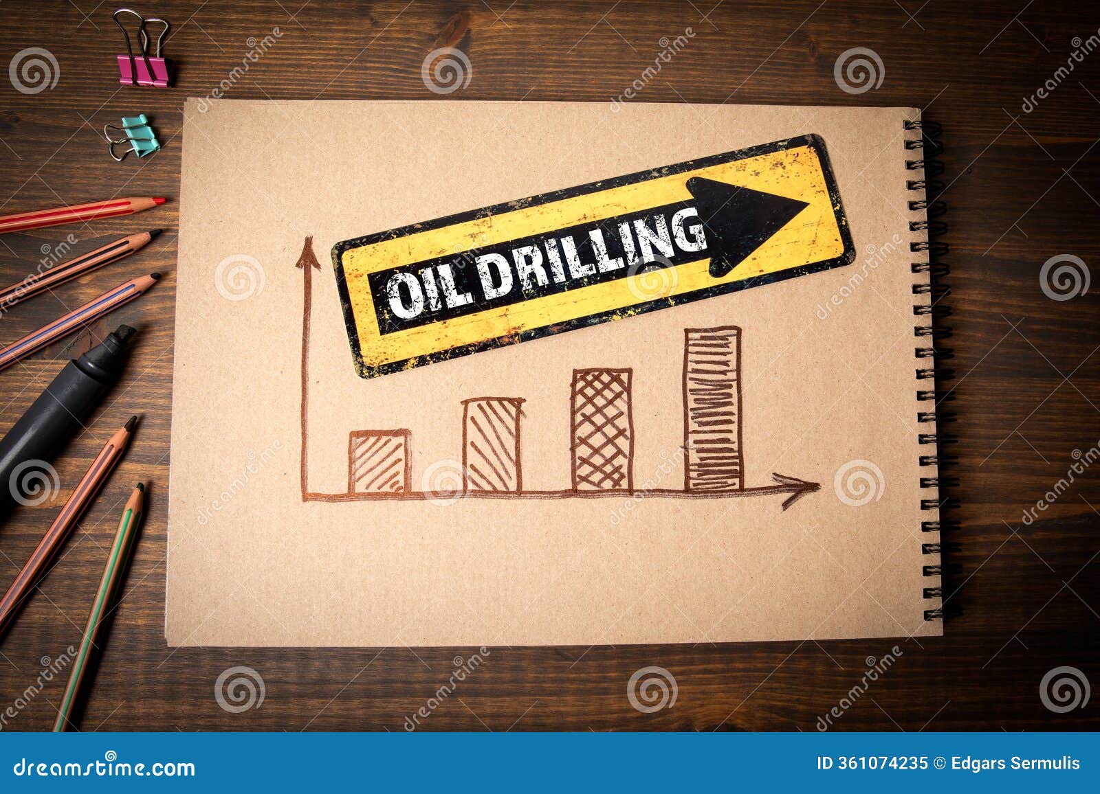 Oil Drilling. Pointer Arrow and Development Chart on Wooden Texture ...