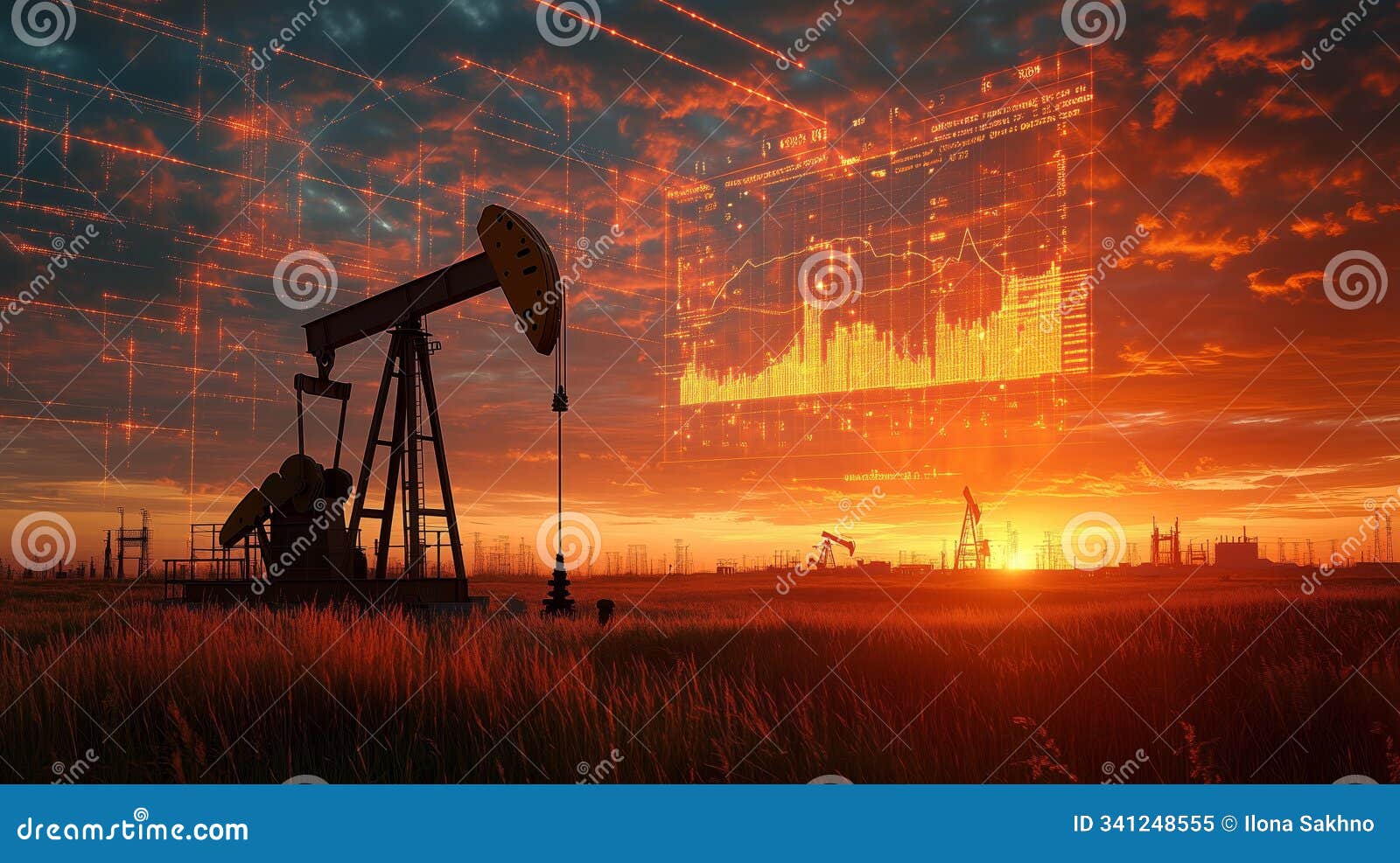 Oil Drilling Rig in a Field with Digital Economic Chart Stock ...