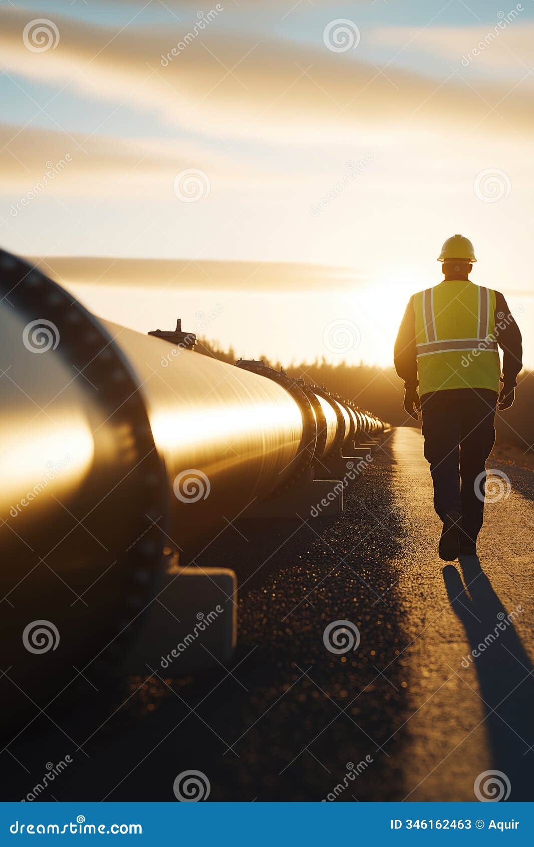 Infrastructure Worker Walking Along a Pipeline at Sunset. Oil and Gas ...