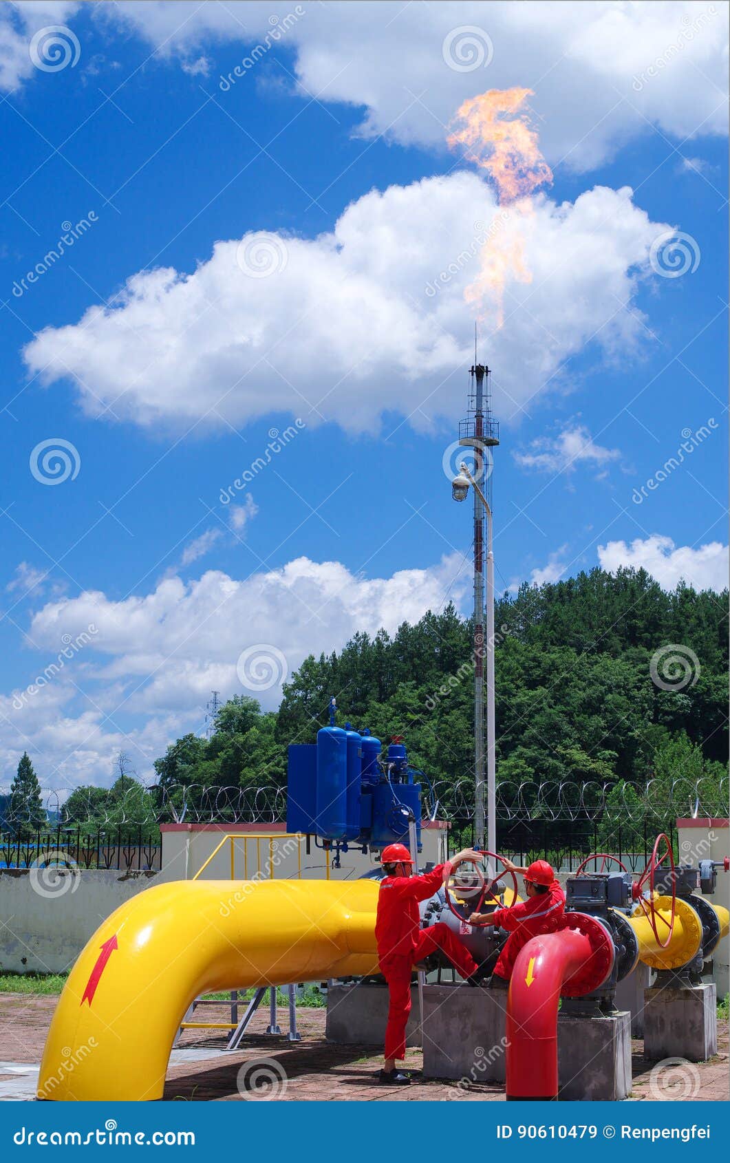 Oil/gas pipeline on fire editorial stock image. Image of factory - 90610479