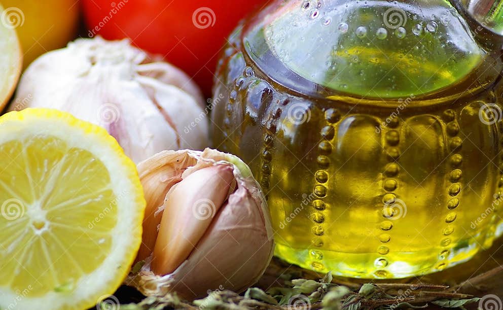 Oil Olive and condiments. stock image. Image of bakery - 5019825