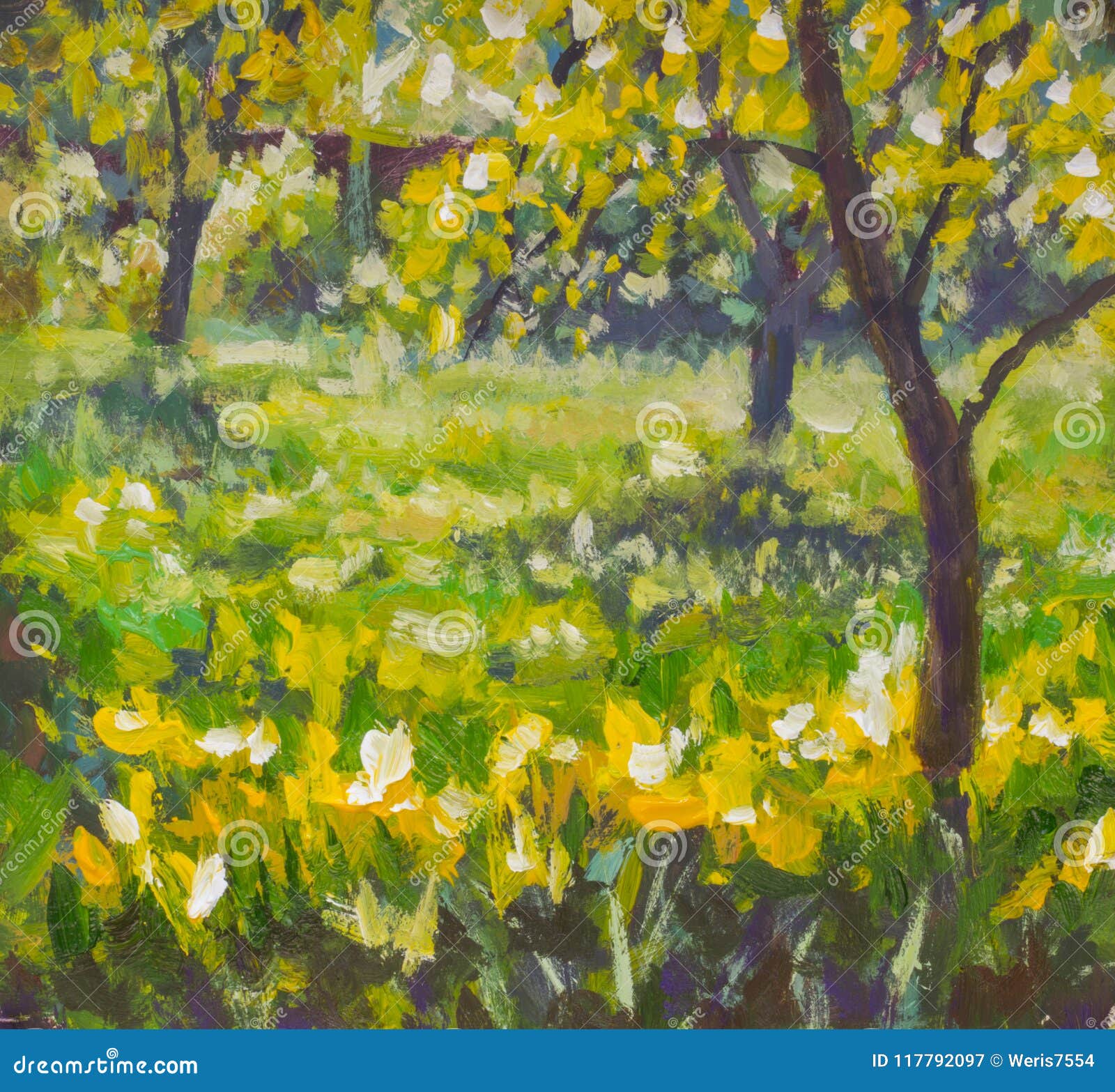 Glade In The Green Summer Forest Willows And Oaks In The Grass Flat
