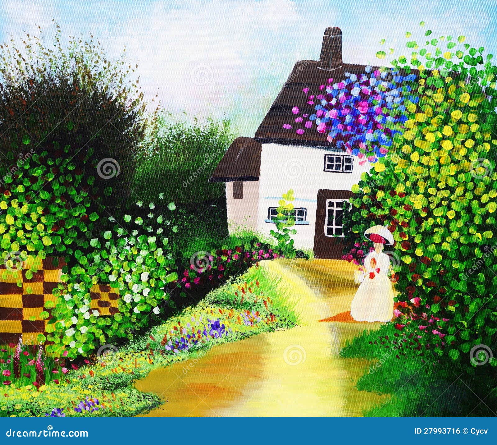 Oil Painting - Courtyard stock illustration. Illustration of woman ...