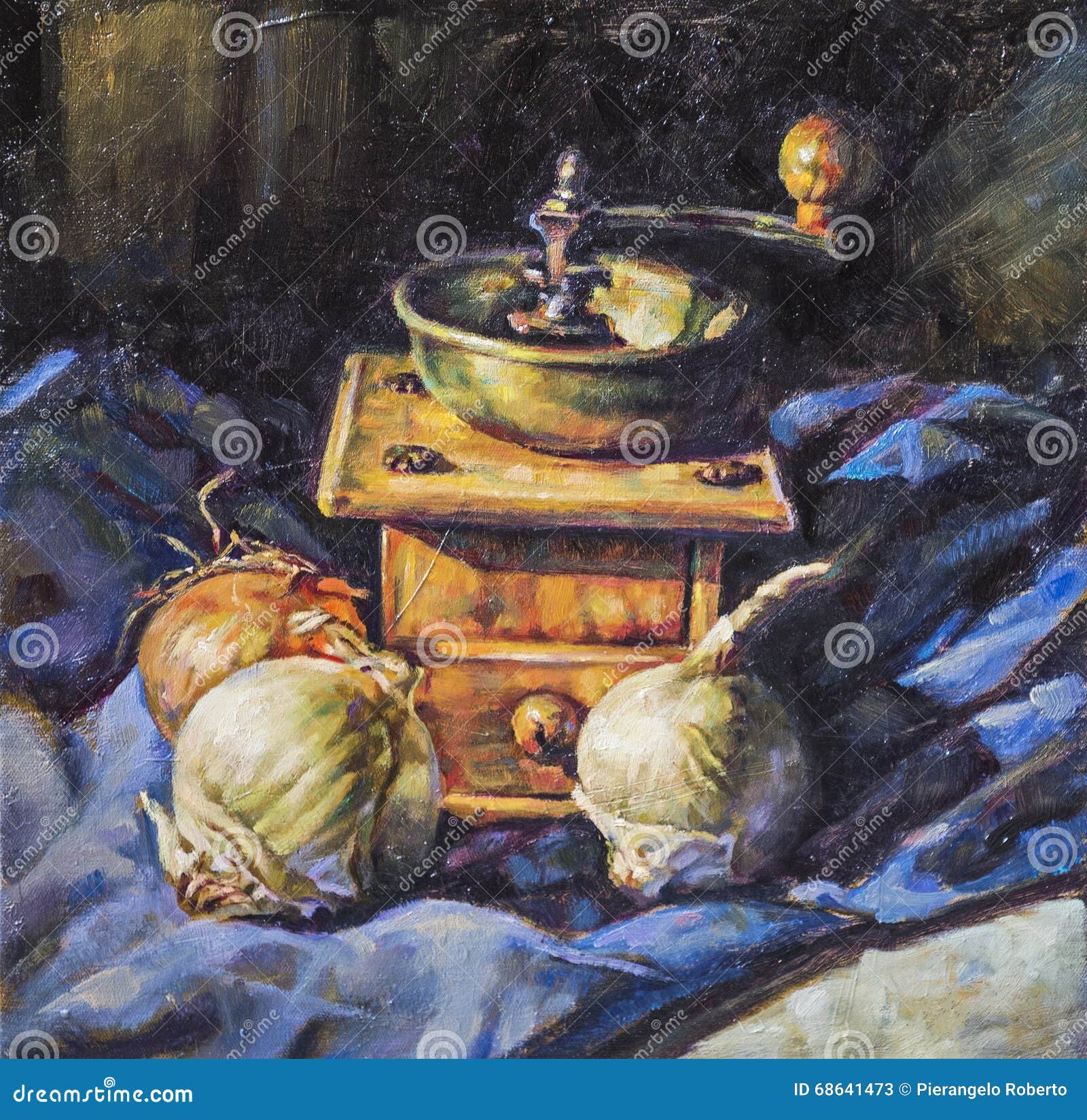 Oil Painting of a Grinder Including Garlic and Onions Stock ...