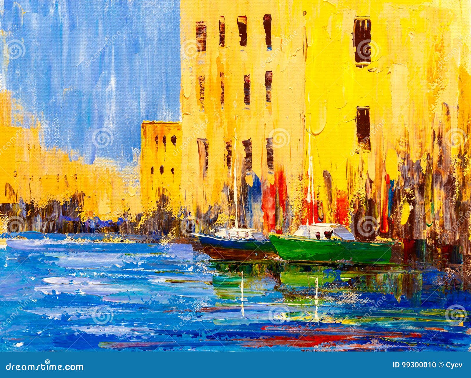 Oil Painting - Harbor View stock illustration. Illustration of fishing ...