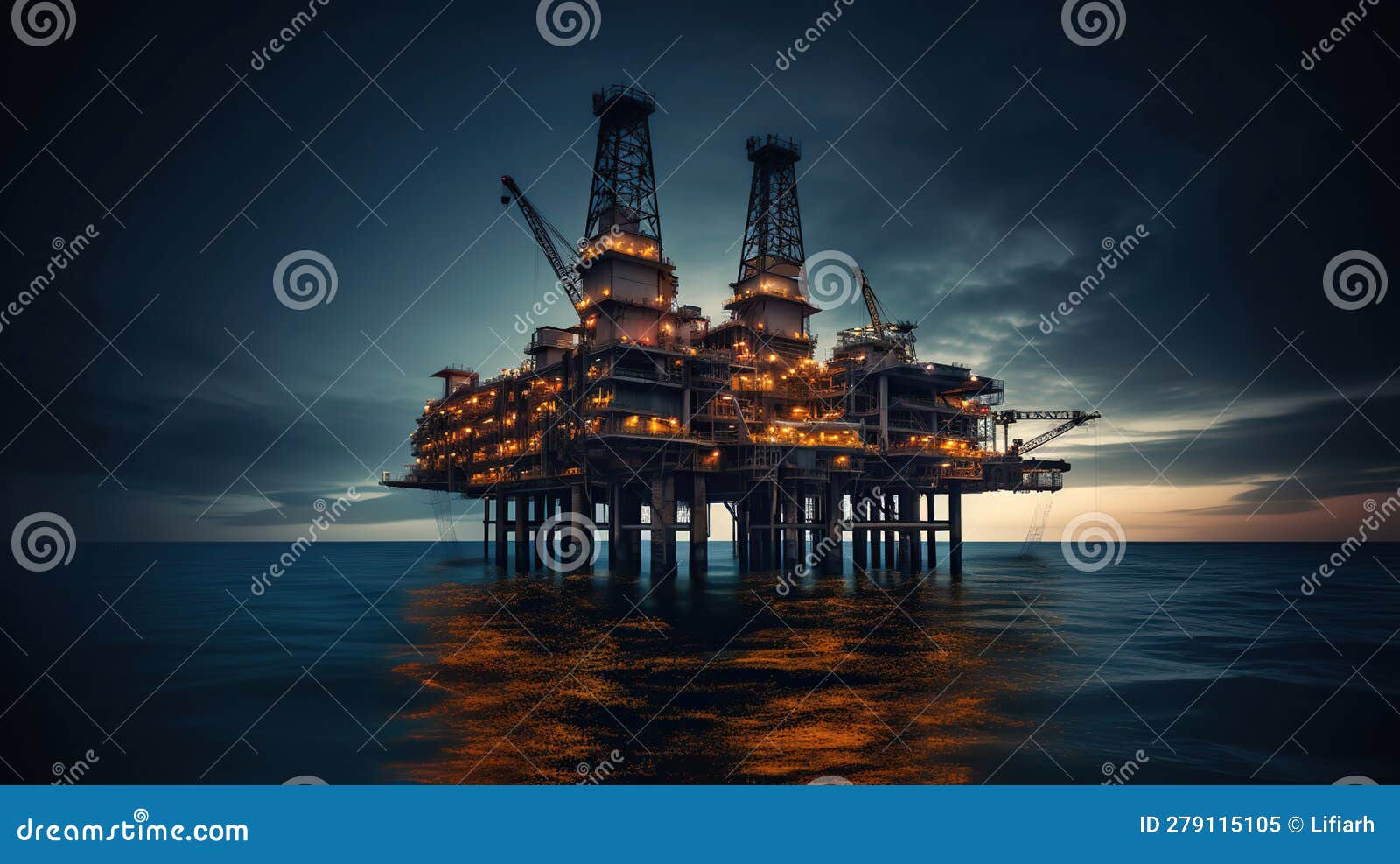 An Oil Platform on the Calm Sea with Lights, Generative AI Stock ...