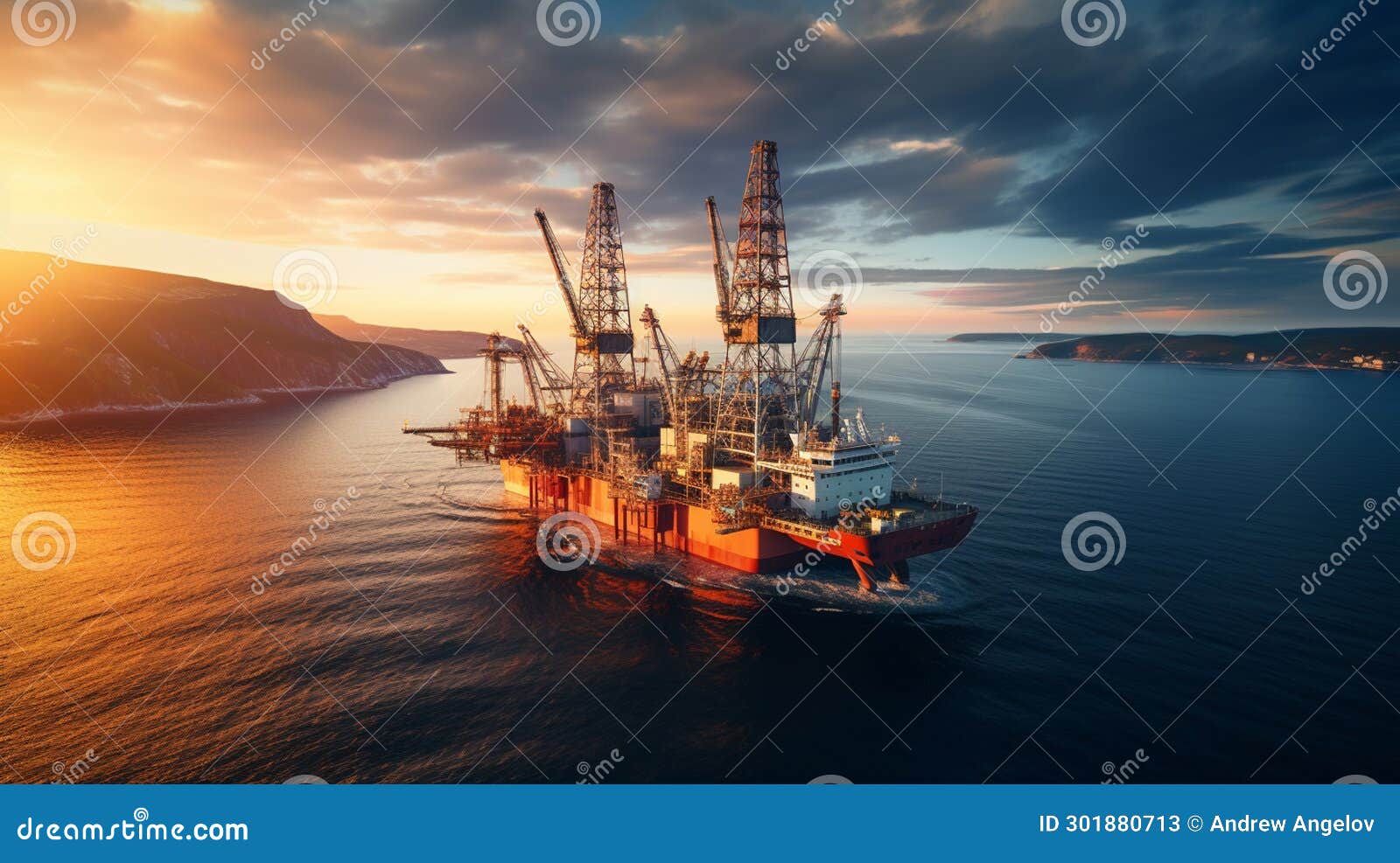 Oil Platform at Night Time and the Moon. Stock Image - Image of evening ...