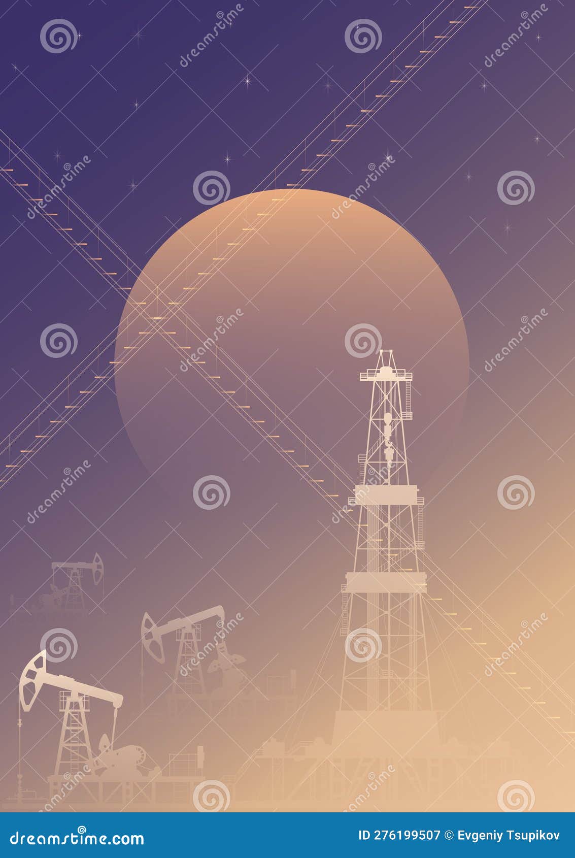 Oil Production In The Desert, Oil Rigs. Vector Line Art Illustration ...