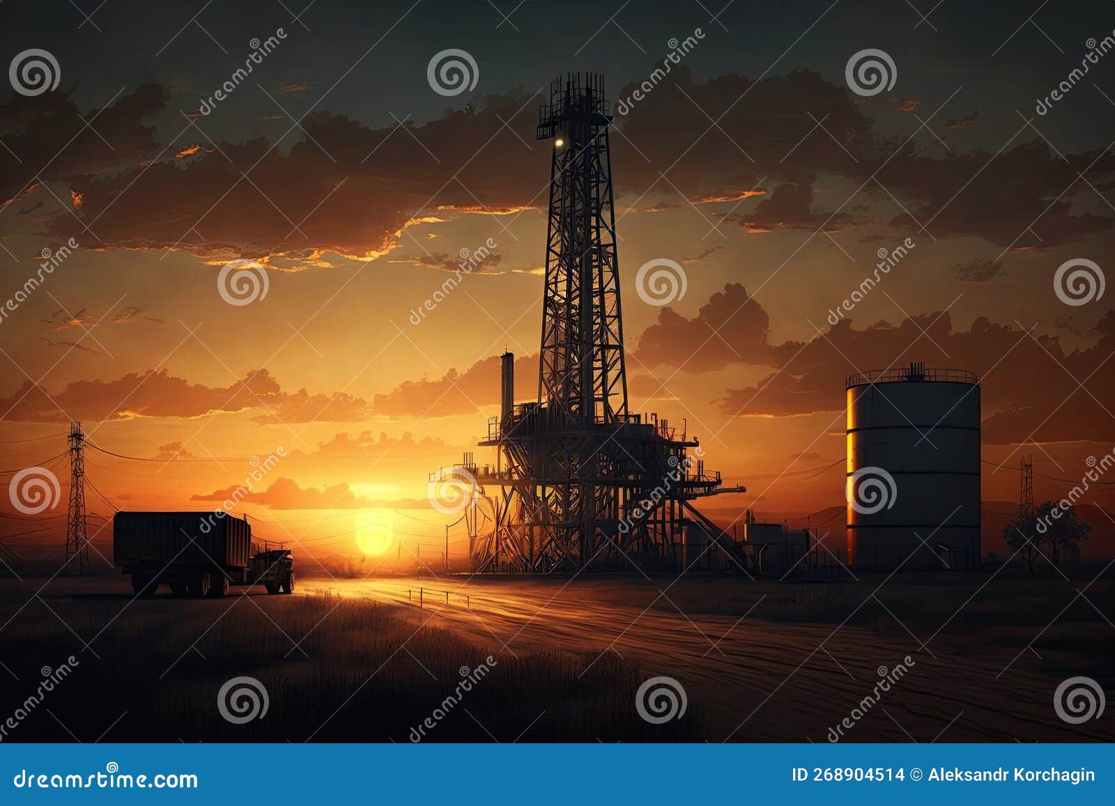 Oil Production Platforms with Rigs and Refineries at Sunset Stock Photo ...