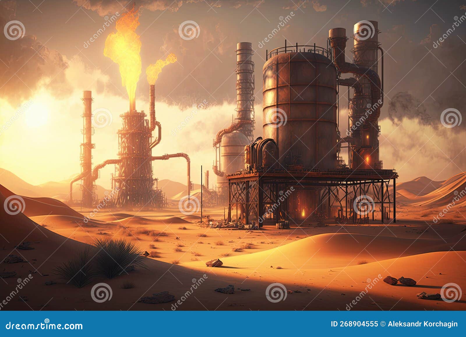 Oil Production Platforms with Rigs and Refineries at Sunset Stock Image ...