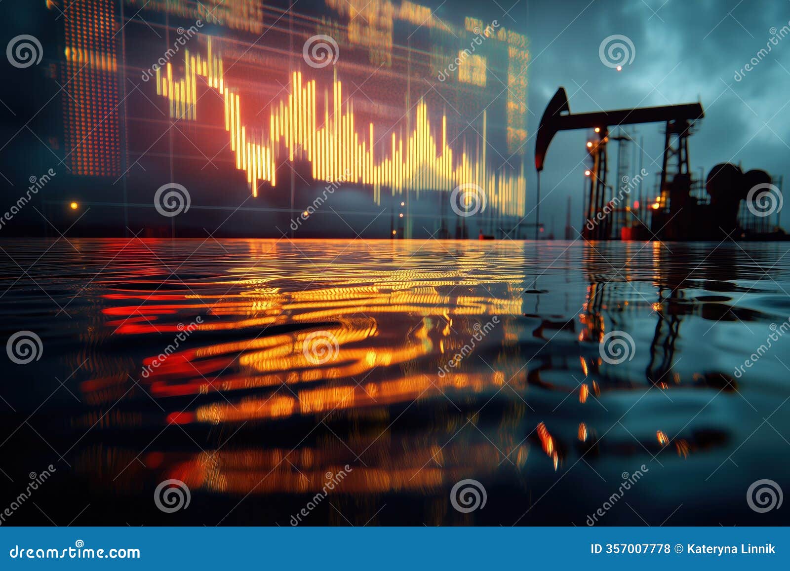 Oil Pump and Display Showing Falling Fuel Prices Reflected on Water ...