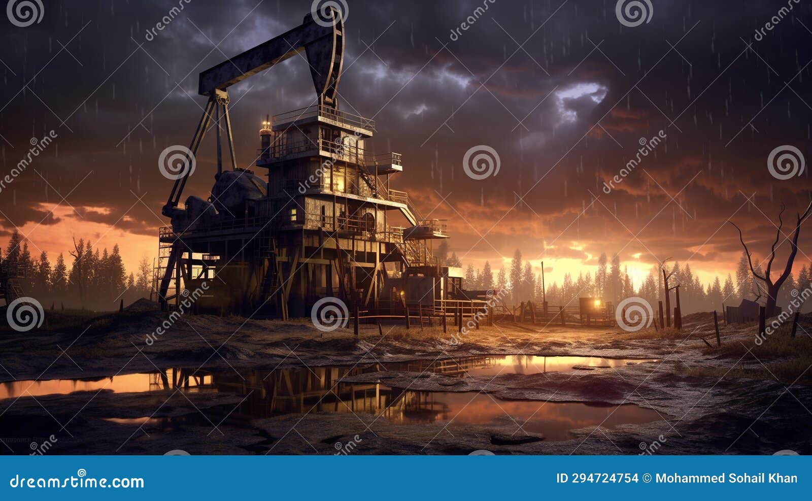 Oil Pump Rig Oil and Gas Production Oil Field Site Dramatic Defocused ...