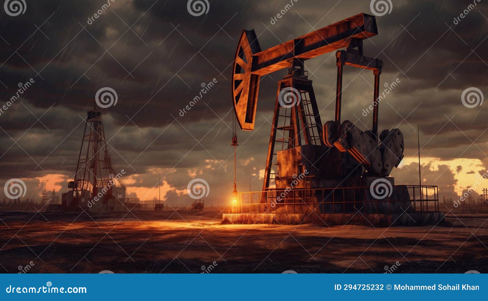 Oil Pump Rig Oil and Gas Production Oil Field Site Dramatic Defocused ...