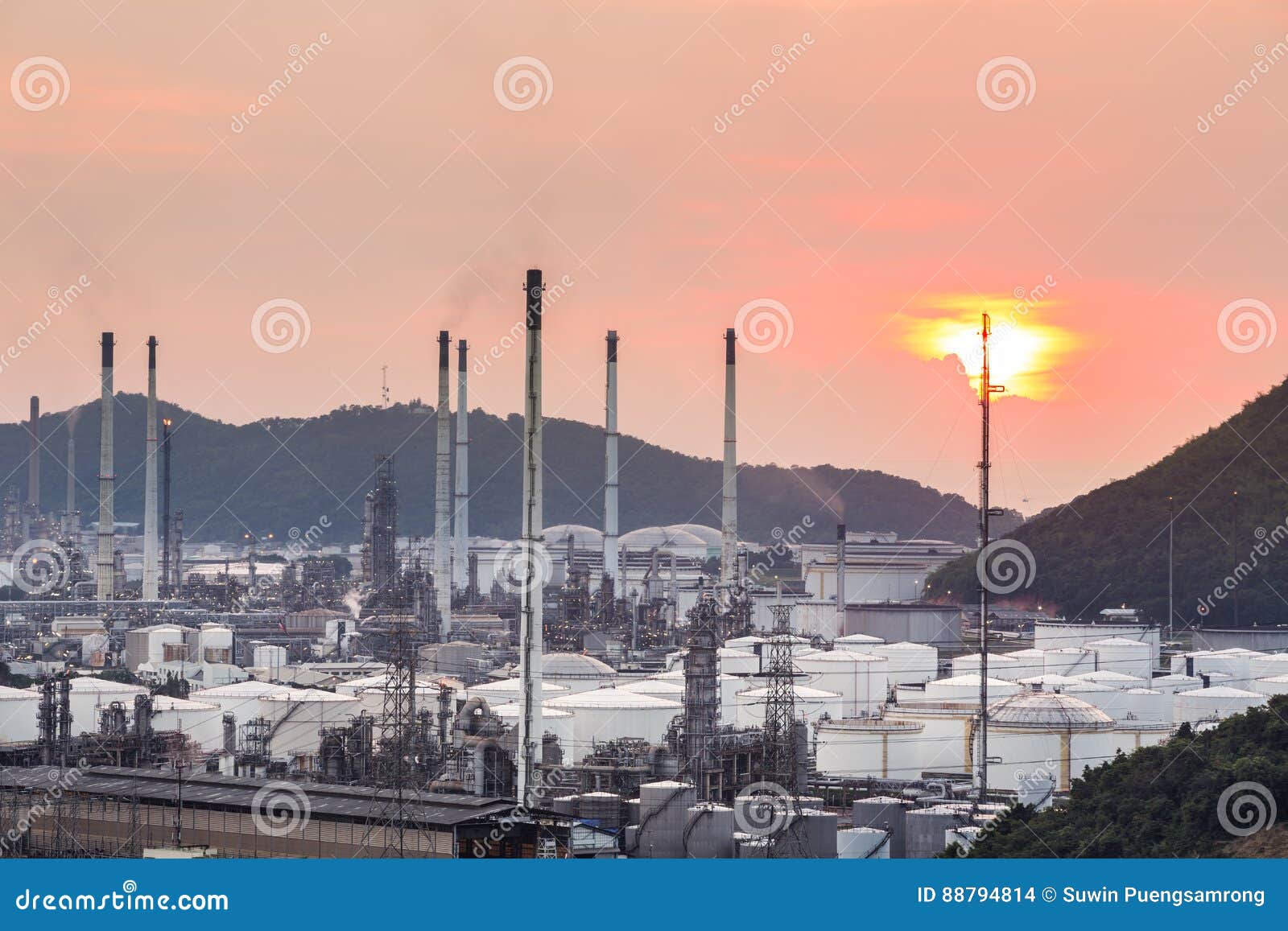 Oil Refinery Factory at Sunrise Stock Photo - Image of distillation ...