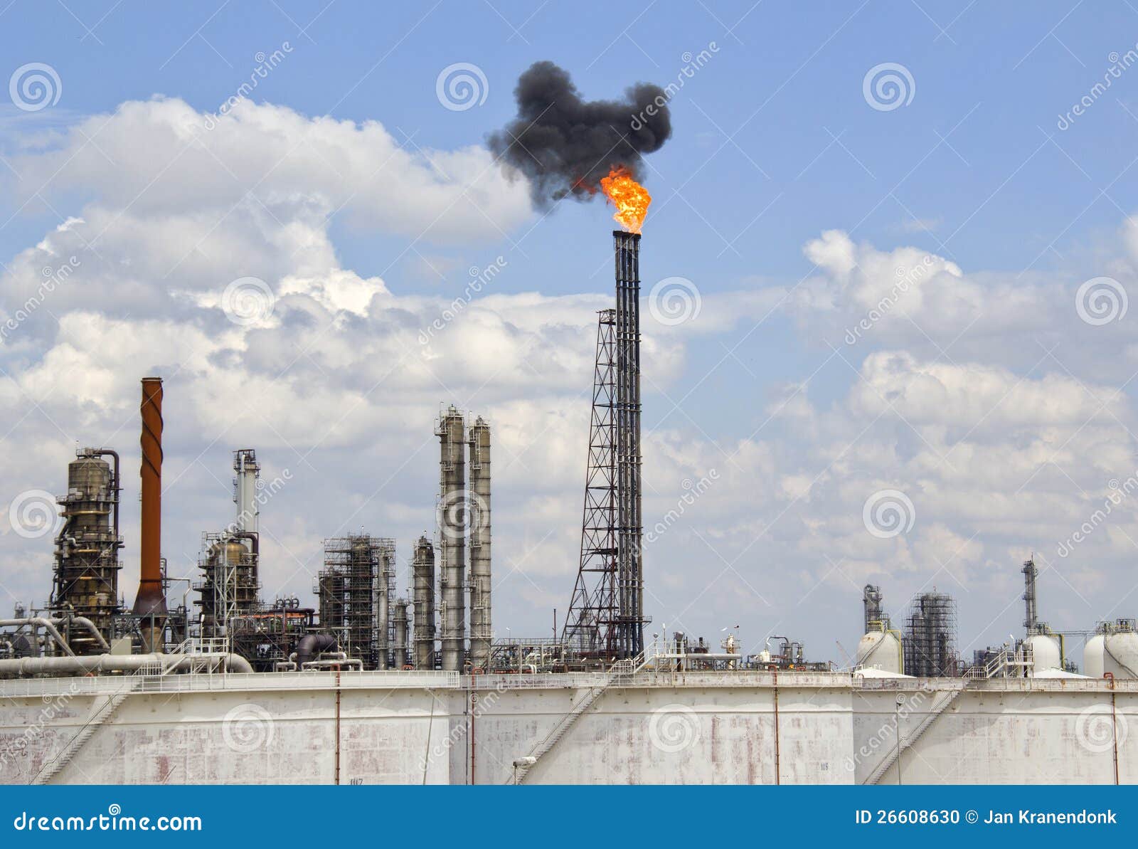 Oil Refinery with Fire and Smoke Stock Photo - Image of refinery ...