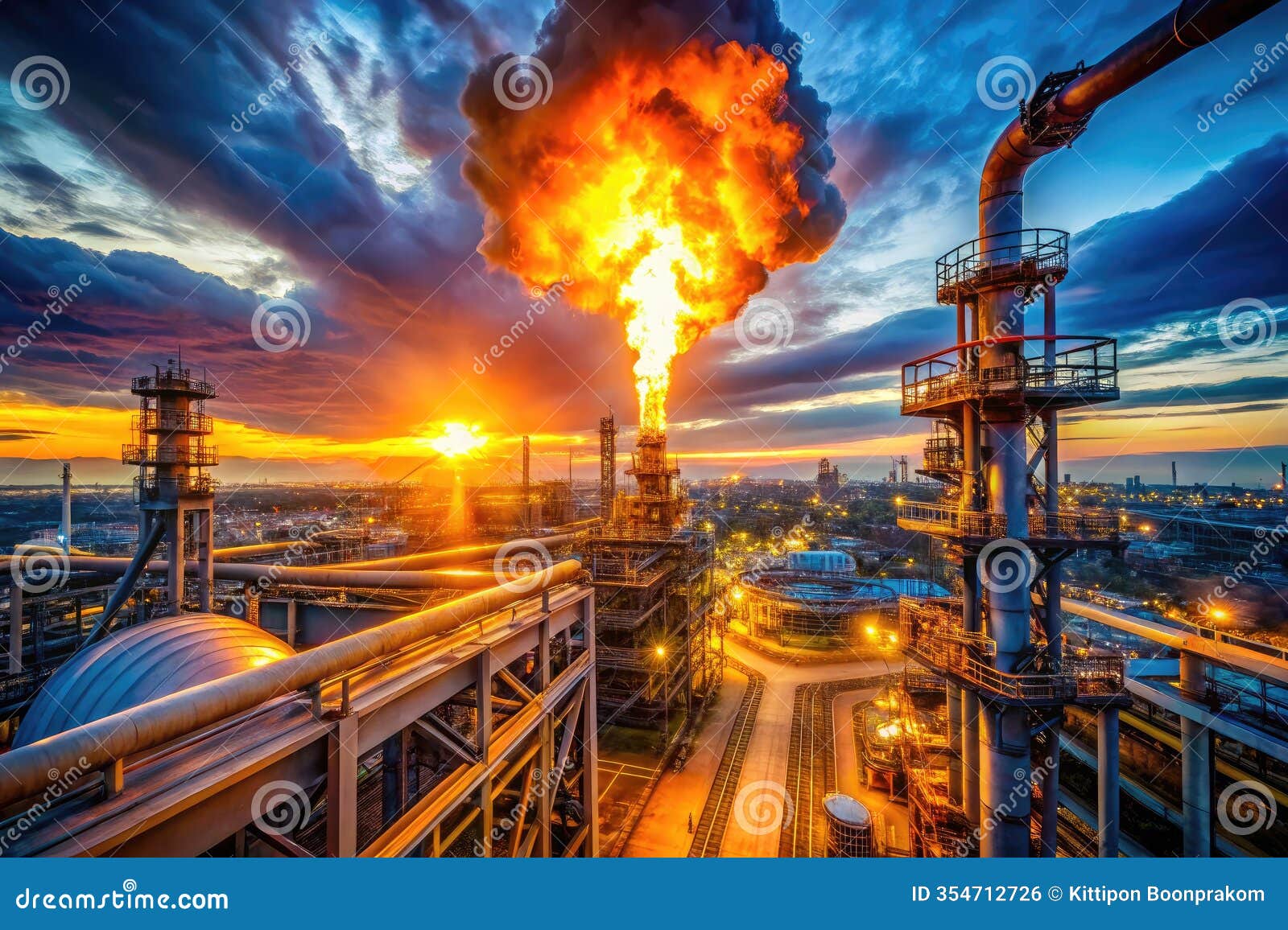 Oil Refinery Flare Stack Fire Release Pressure Relief System in Action ...