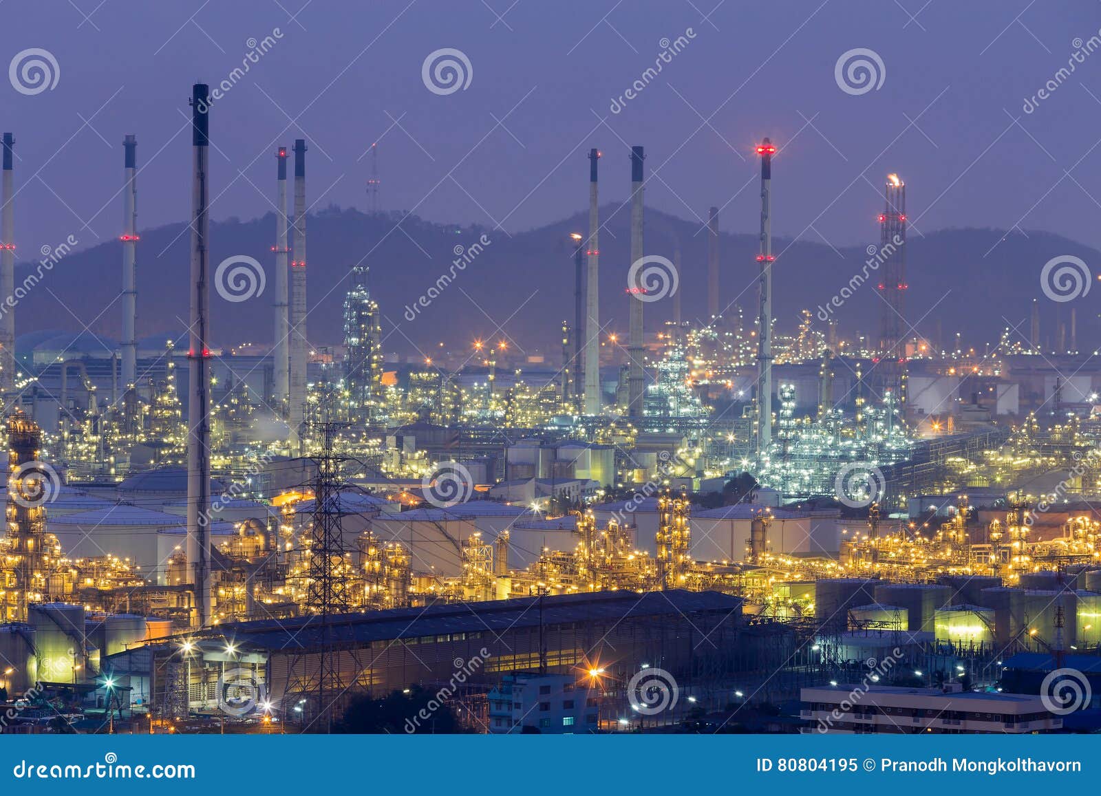 Oil Refinery Lights Night View with Mountain Stock Image - Image of ...