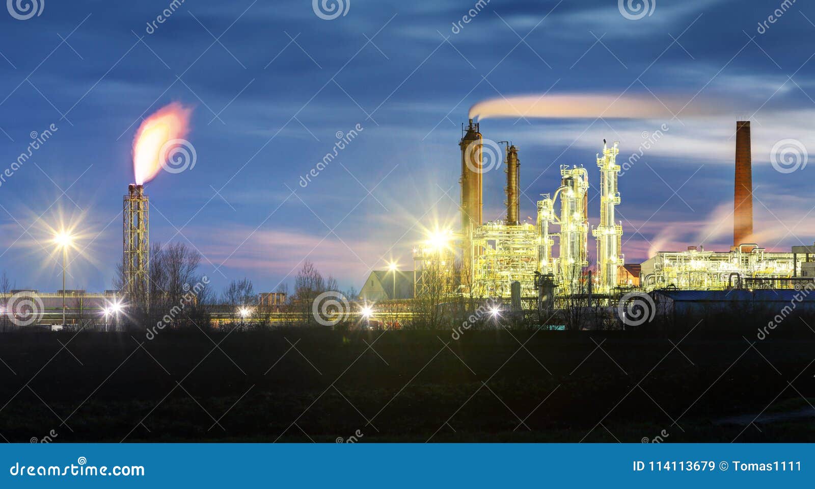 Oil Refinery at Night with Smoke Stack Stock Image - Image of plant ...