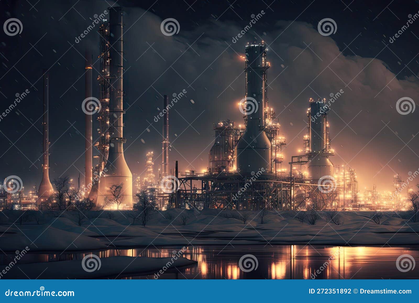 Oil Refinery with Pipelines for Transportation and Storage at Night in ...