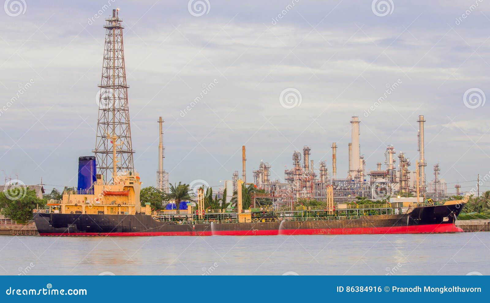 Oil Refinery River Front with Transport Ship Stock Photo - Image of ...