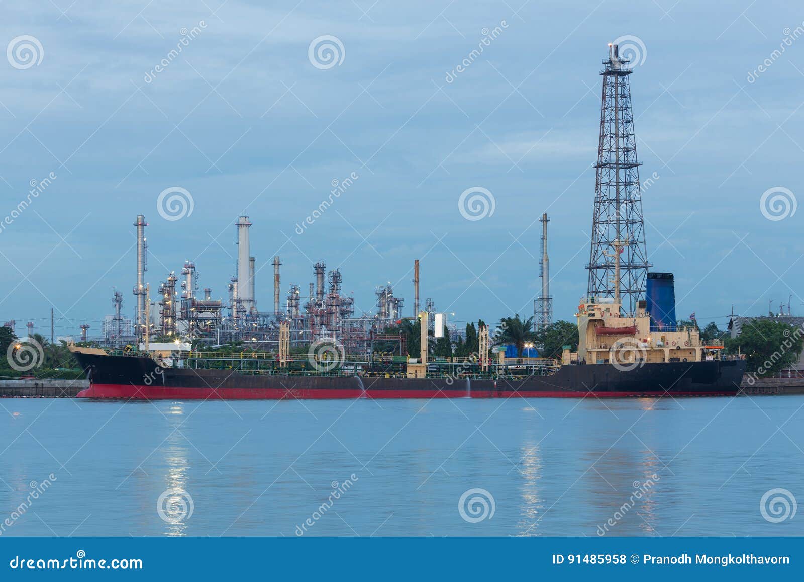 Oil Refinery River Side with Boat Tank Stock Photo - Image of ...