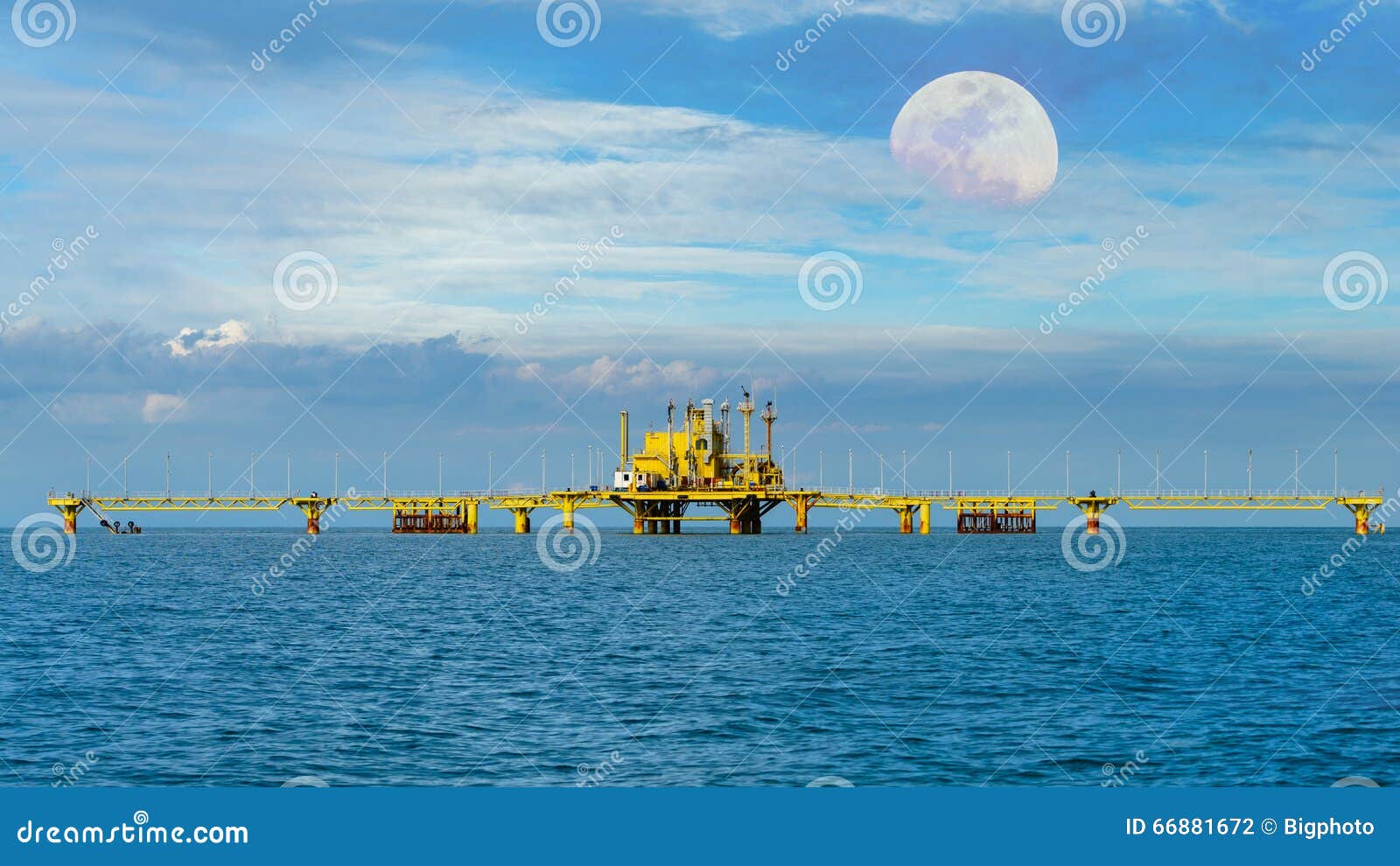 Oil Refinery into the Sea with Moon on Sky Stock Photo - Image of ...