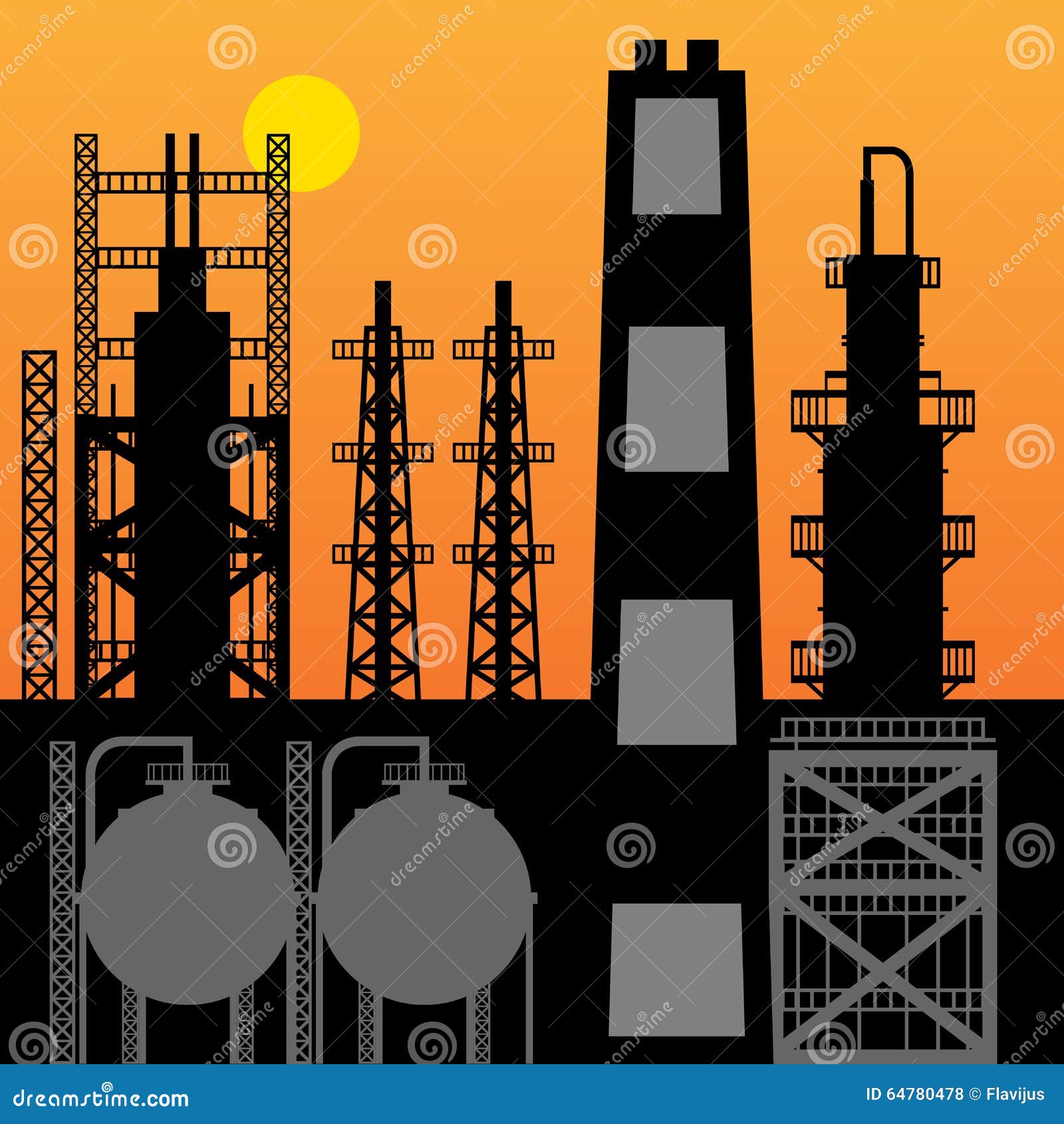 Oil Refinery Silhouette With Smoking Chimneys Vector Illustration ...