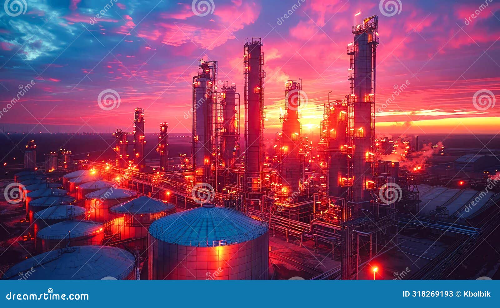 Oil Refinery at Sunrise with Reflection in the Water Stock Illustration ...