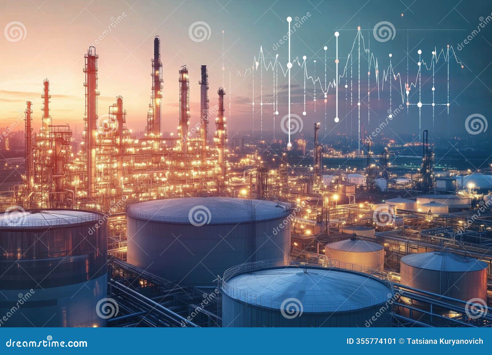 Oil Refinery at Sunset with Data Visualization Overlay Stock Image - Image of visualization ...