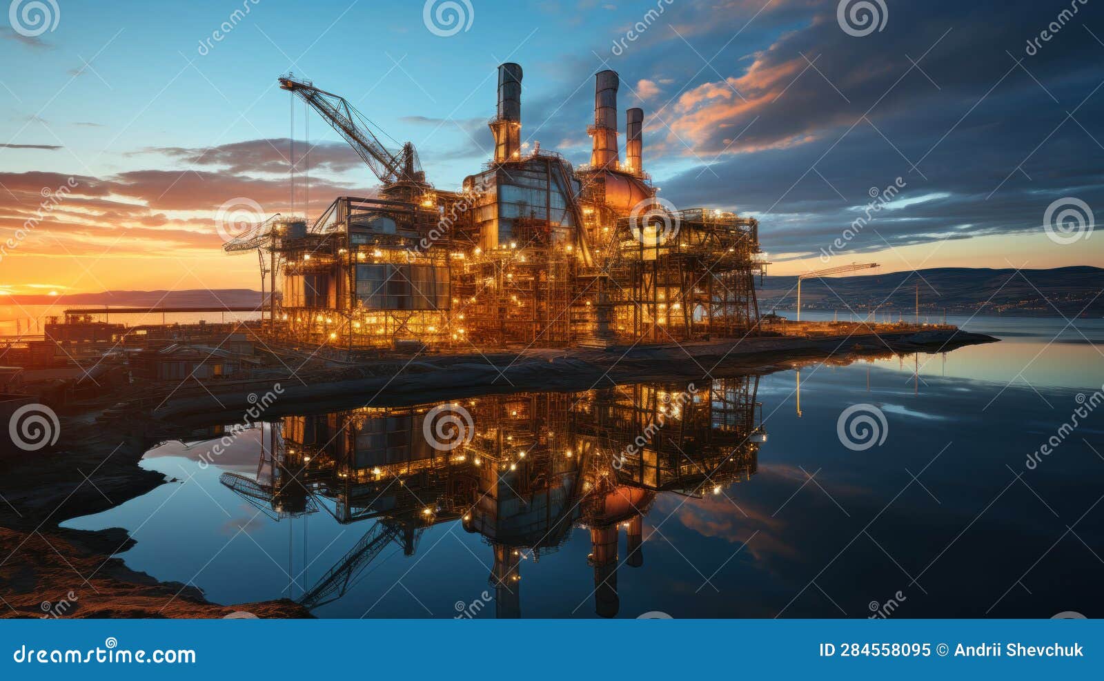 Oil Refinery at Sunset with Reflection in Water. Generative AI Stock ...