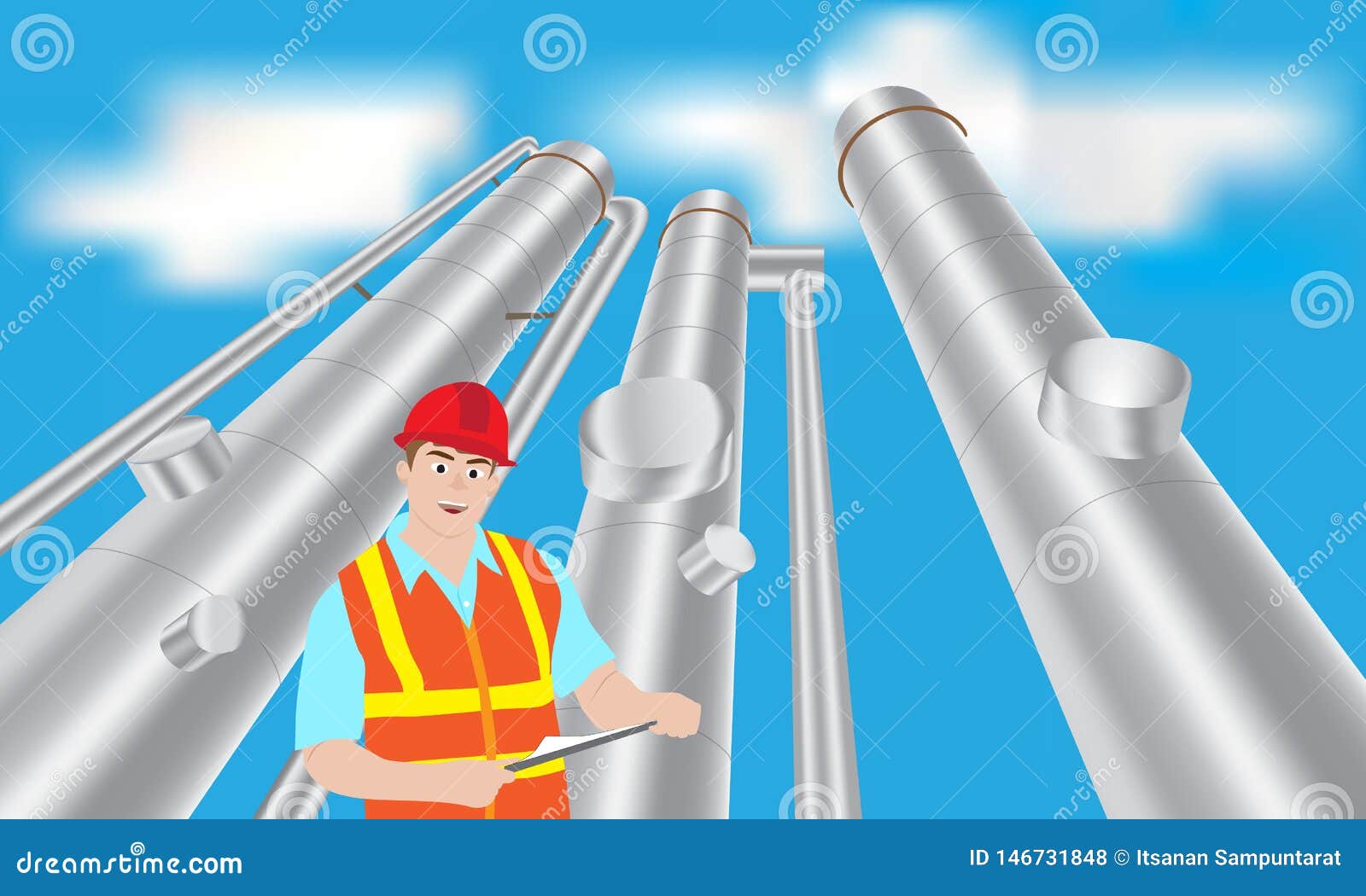 Refinery Worker And Robotic Arm Repairing Pipeline Cartoon Vector ...