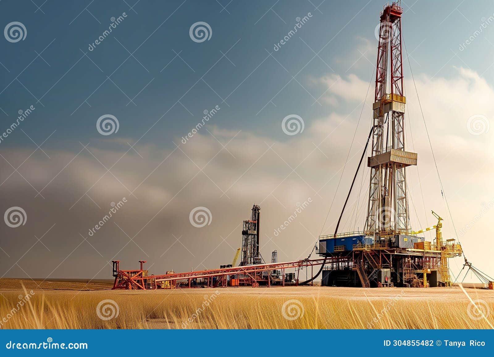 Oil Rig, Drilling Rig in a Field with Wheat at Sunset Stock Photo ...