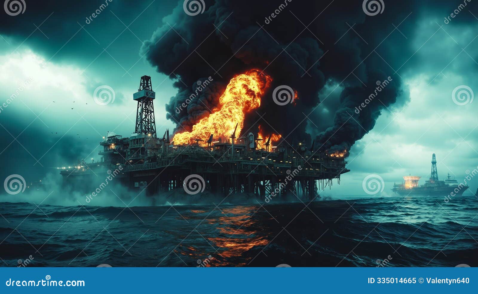 An Oil Rig on Fire in the Middle of the Ocean Stock Image - Image of ...