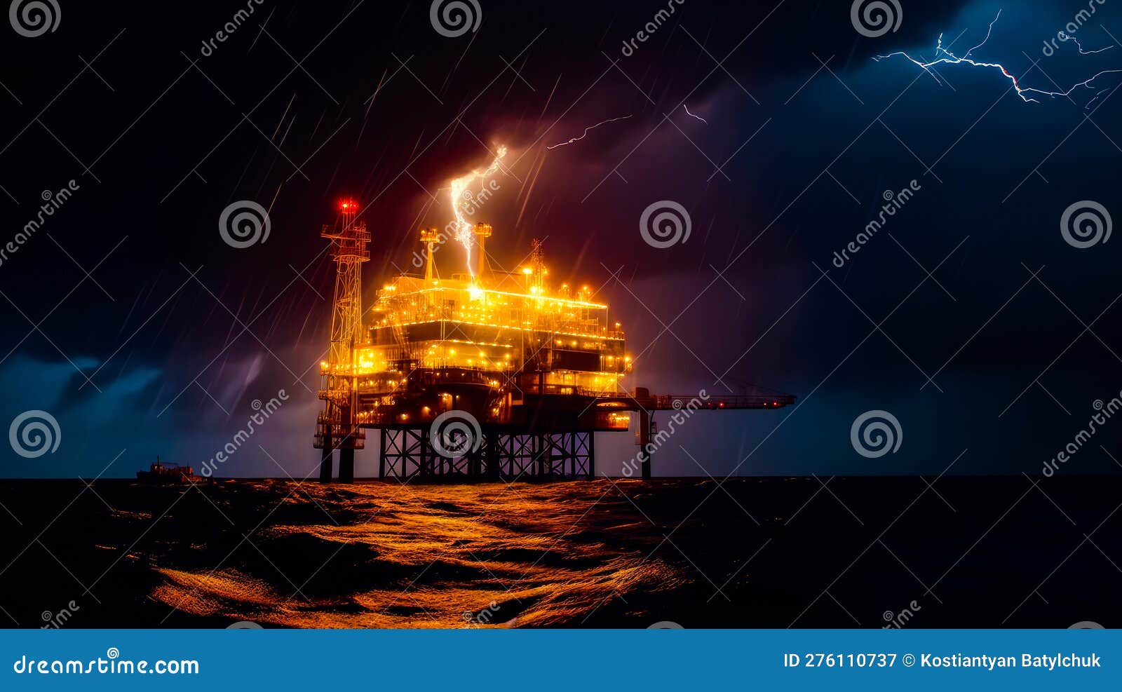 Oil Rig in the Middle of the Ocean with Lightning in the Background ...
